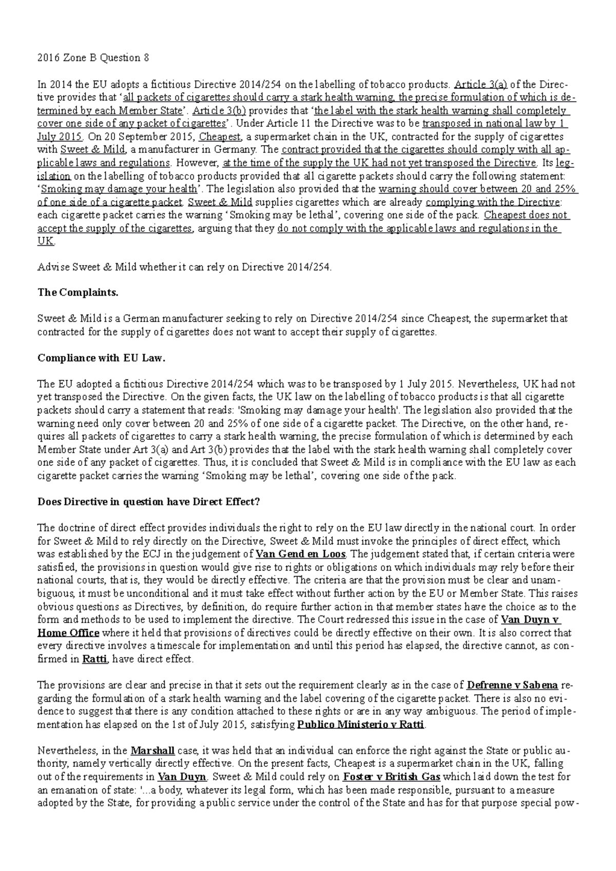 Direct Effect of EU Directive 2014/254 on Tobacco Labelling: ZB Q8 ...