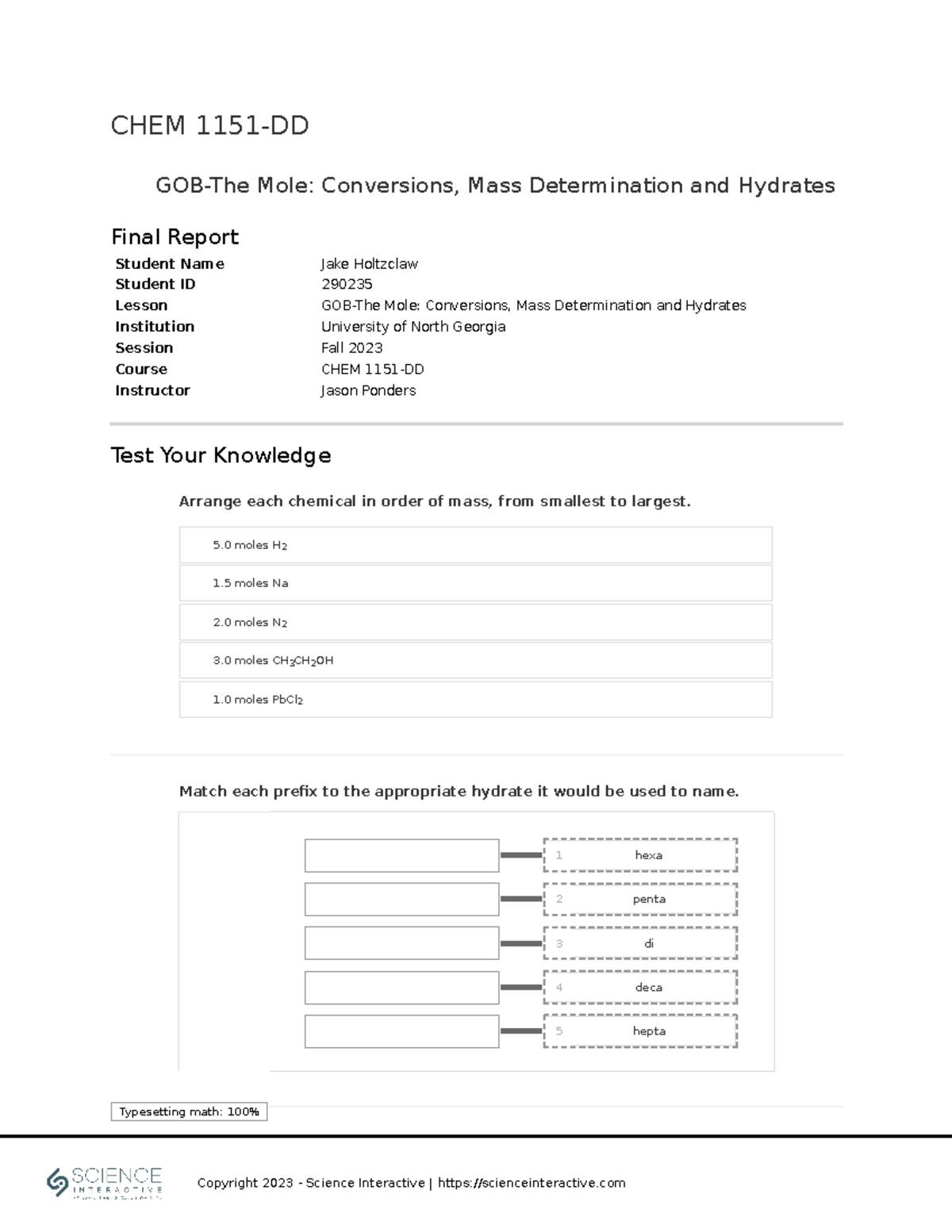 CHEM1151-DD Final Report on The Mole: Conversions, Mass, and Hydrates ...