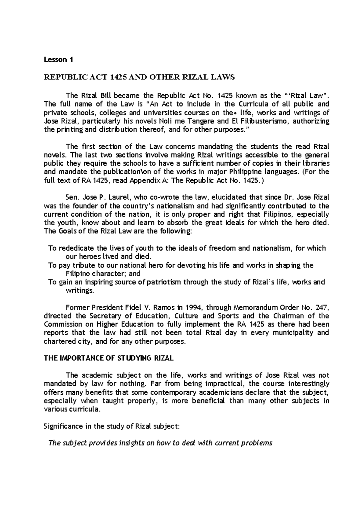 Module 1 Lesson 1: Overview of Republic Act 1425 & Rizal Laws - Studocu