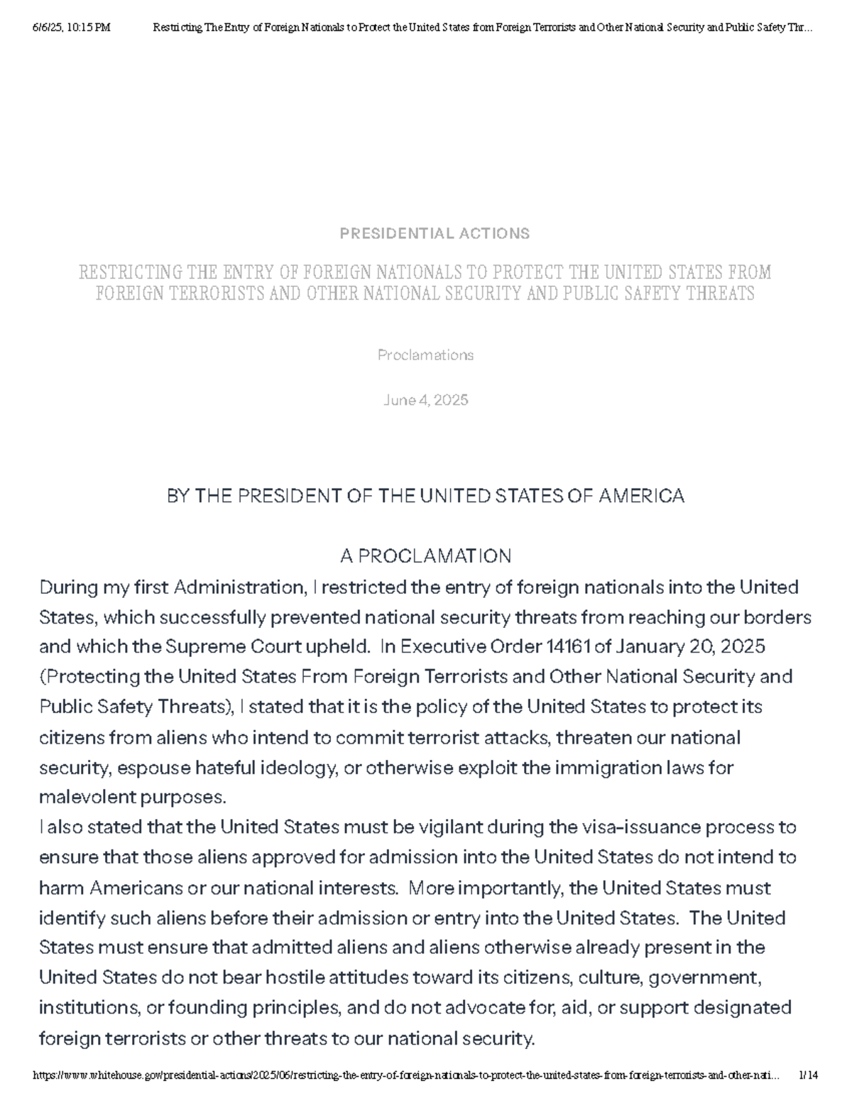 10:15 PM Proclamation on Restricting Entry of Foreign Nationals for ...