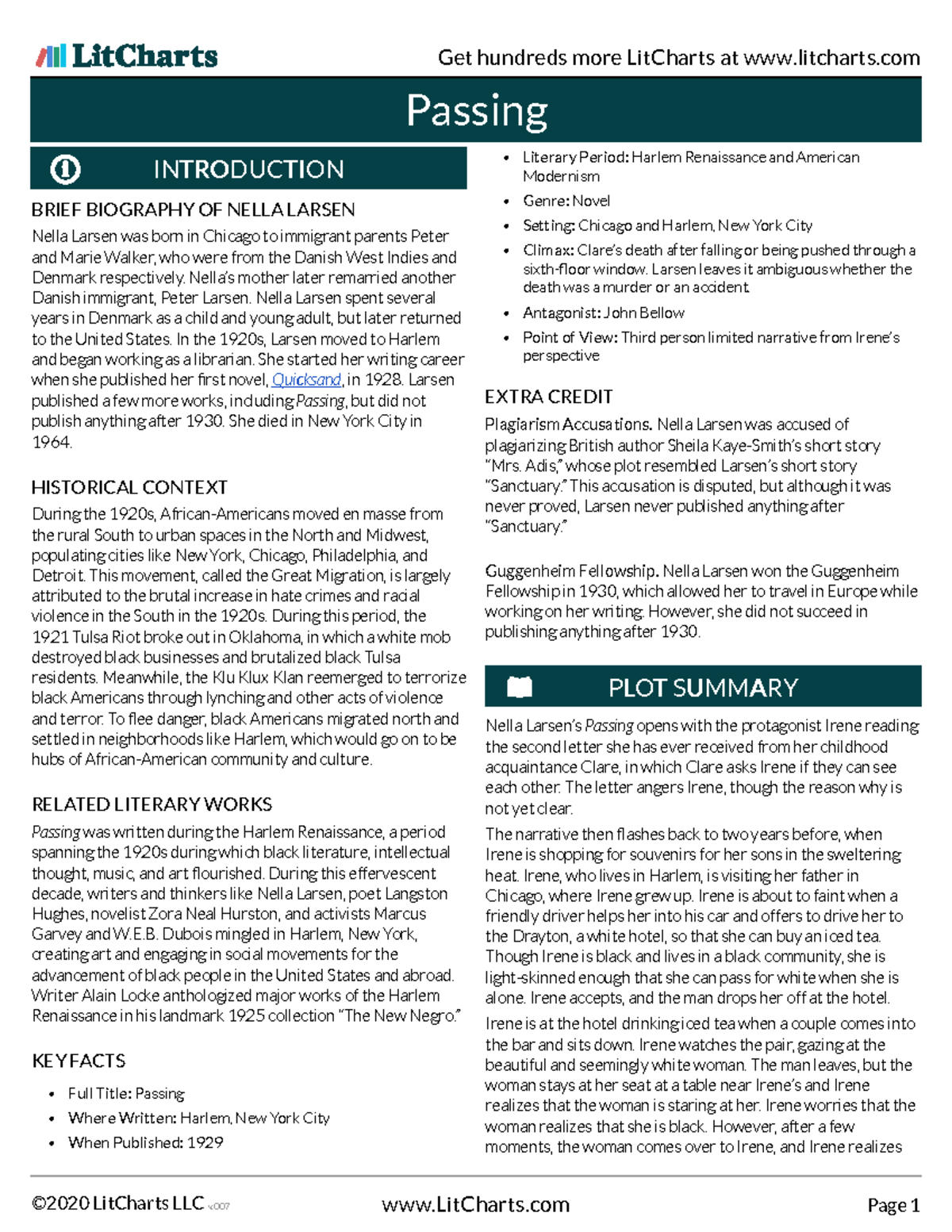 Passing: LitCharts Study Notes on Nella Larsen's Novel (INTR) - Studocu