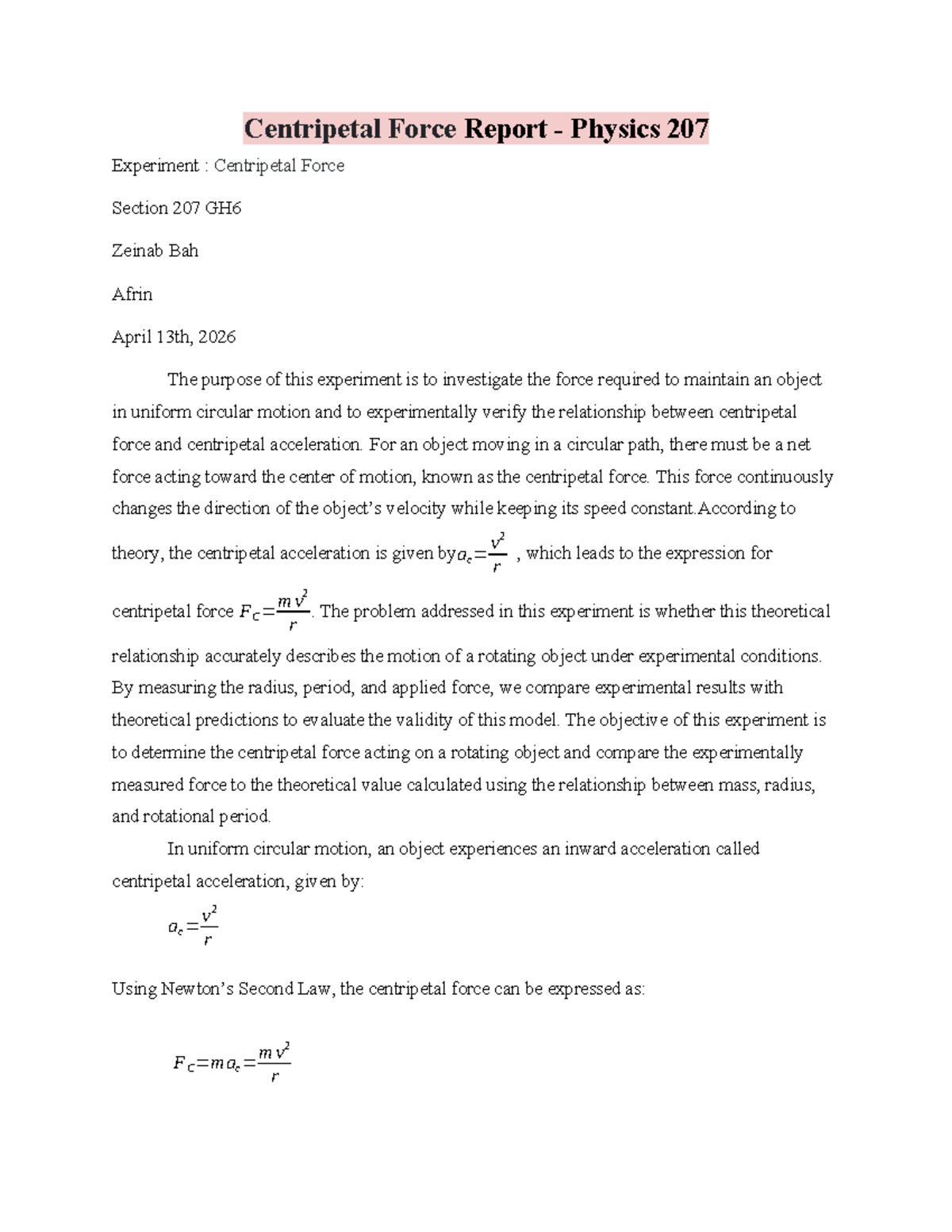 Physics 207 Lab 4: Centripetal Force Experiment Report - Studocu