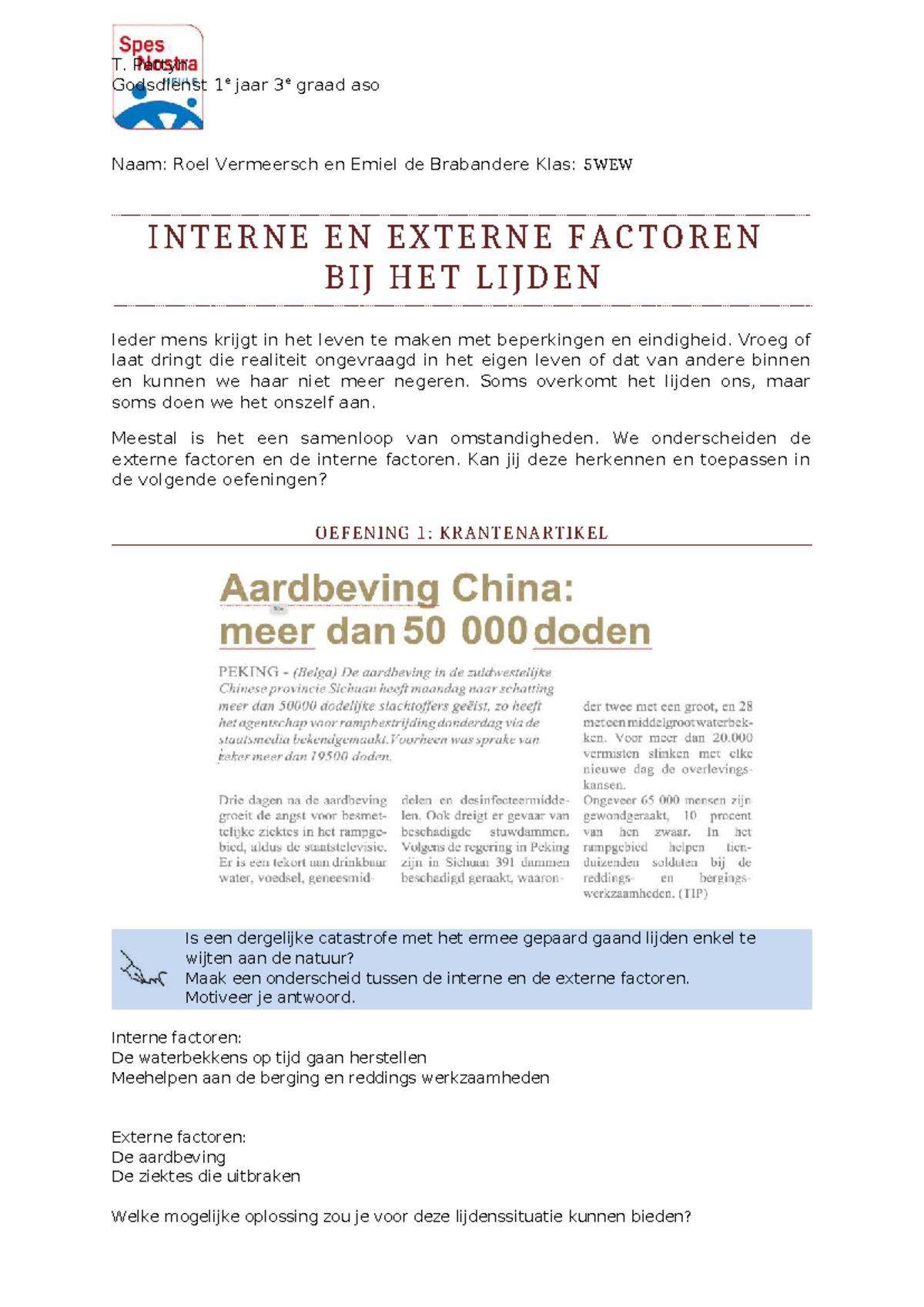 5WEW Godsdienst: Lijden en Hoop - Externe vs Interne Factoren - Studocu