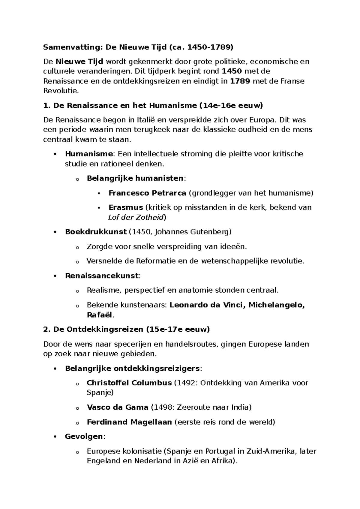 Samenvatting: De Nieuwe Tijd (ca. 1450-1789) en Belangrijke ...