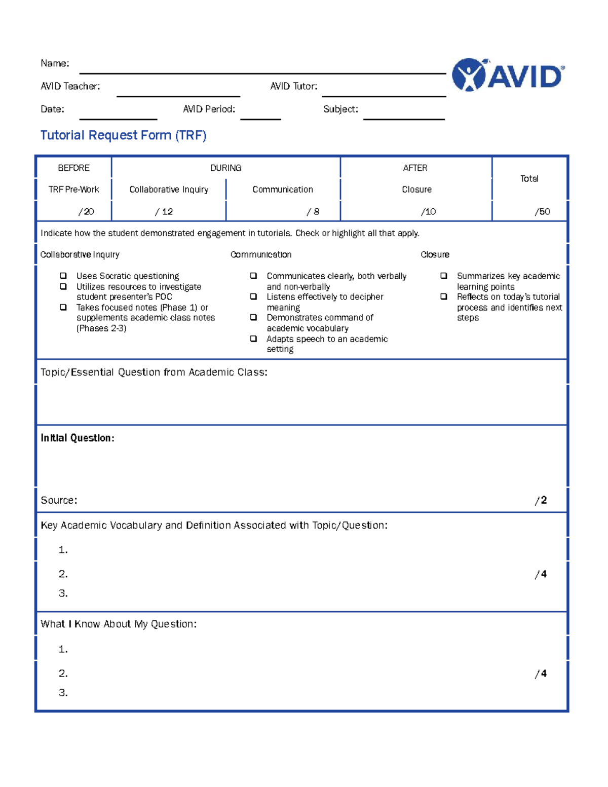 AVID Tutorial Request Form (TRF) - Johnny Shonoda 2021 - Studocu