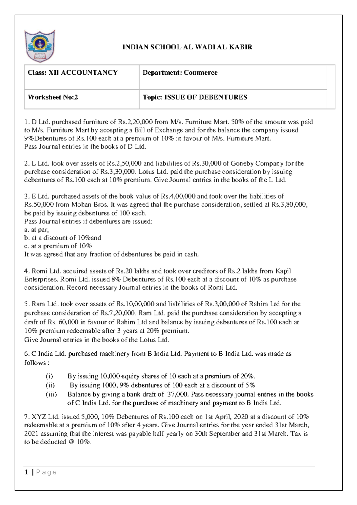 XII ACCOUNTANCY: Worksheet 2 on Issue of Debentures - Studocu