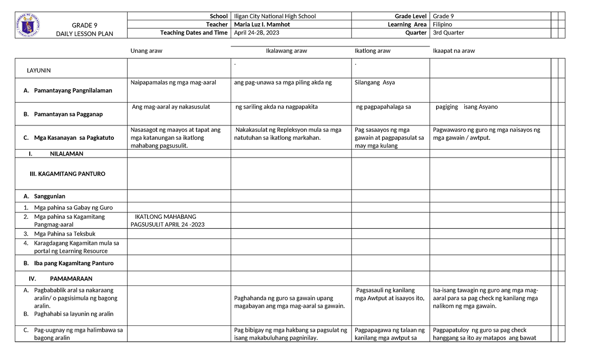 3RD Quarter DLL LAST WEEK - GRADE 9 DAILY LESSON PLAN School Iligan ...
