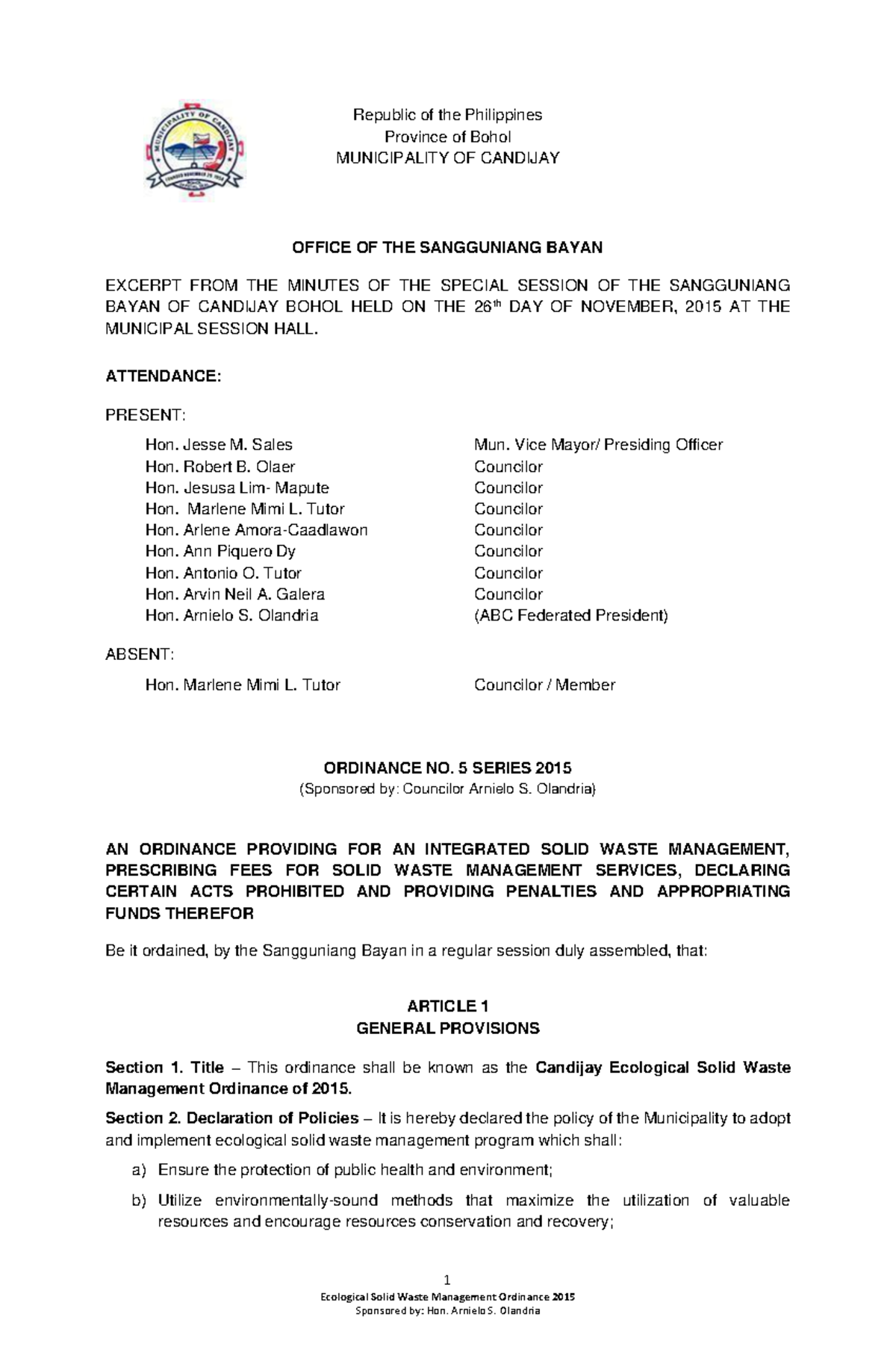 Municipal Ordinance No. 5 s. 2015: Ecological Solid Waste Management ...