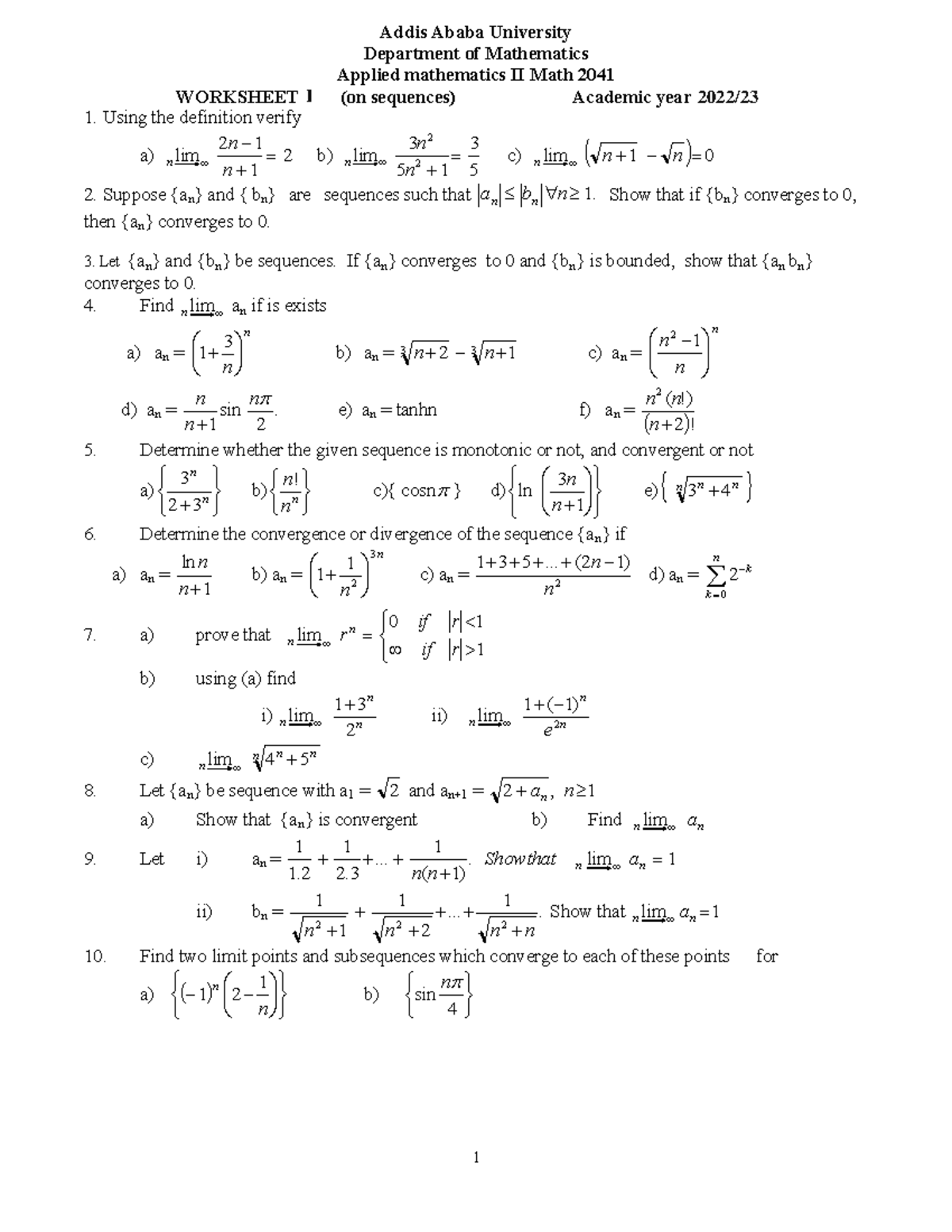 Worksheet on Sequences and Series - Math 2041 - Studocu