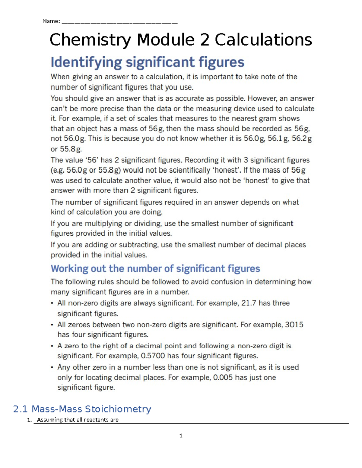 Chemistry Module 2 Calculations: Stoichiometry Exercises and Solutions ...