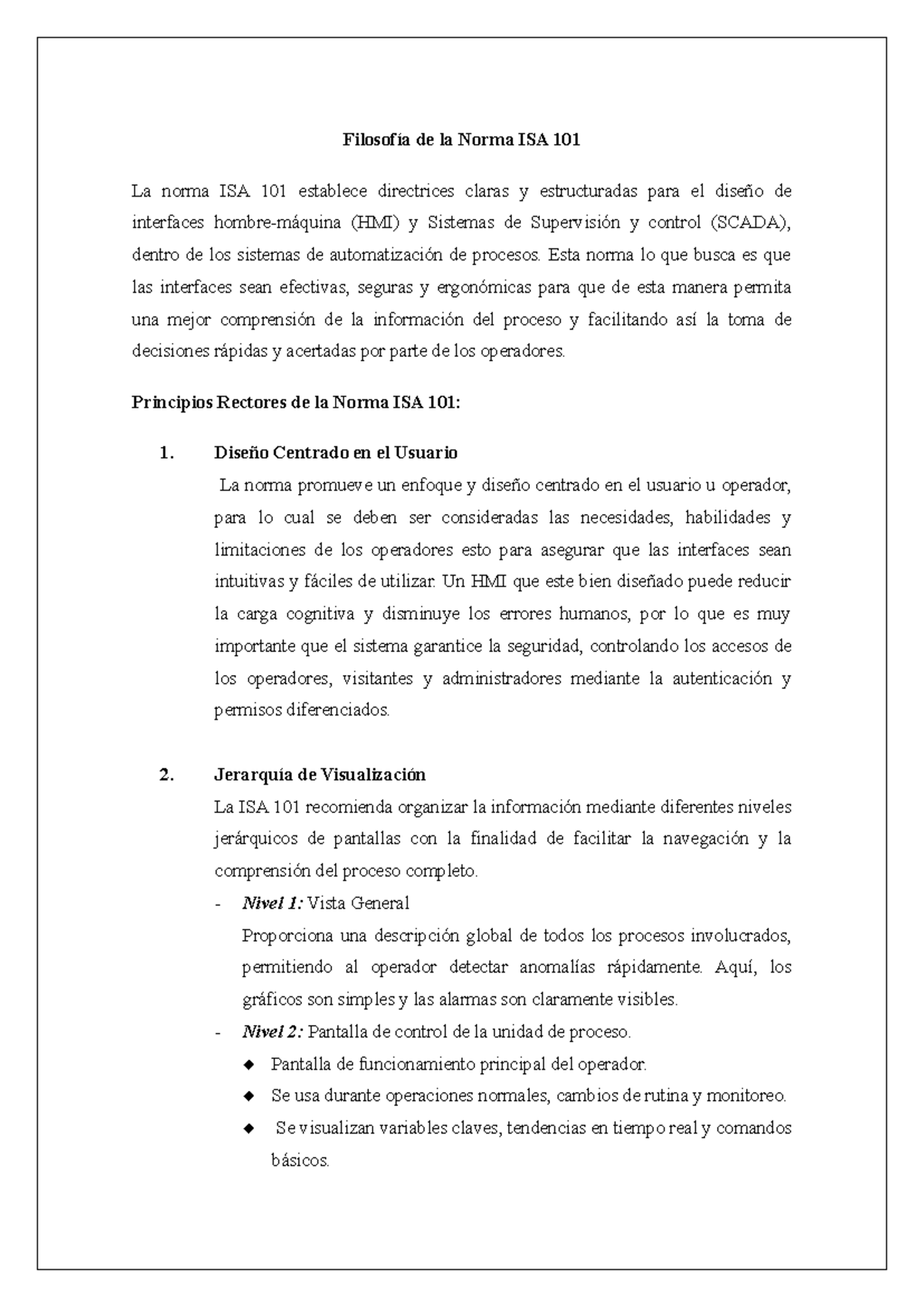 Filosofía de la Norma ISA 101: Diseño de HMI y Control de Nivel - Studocu