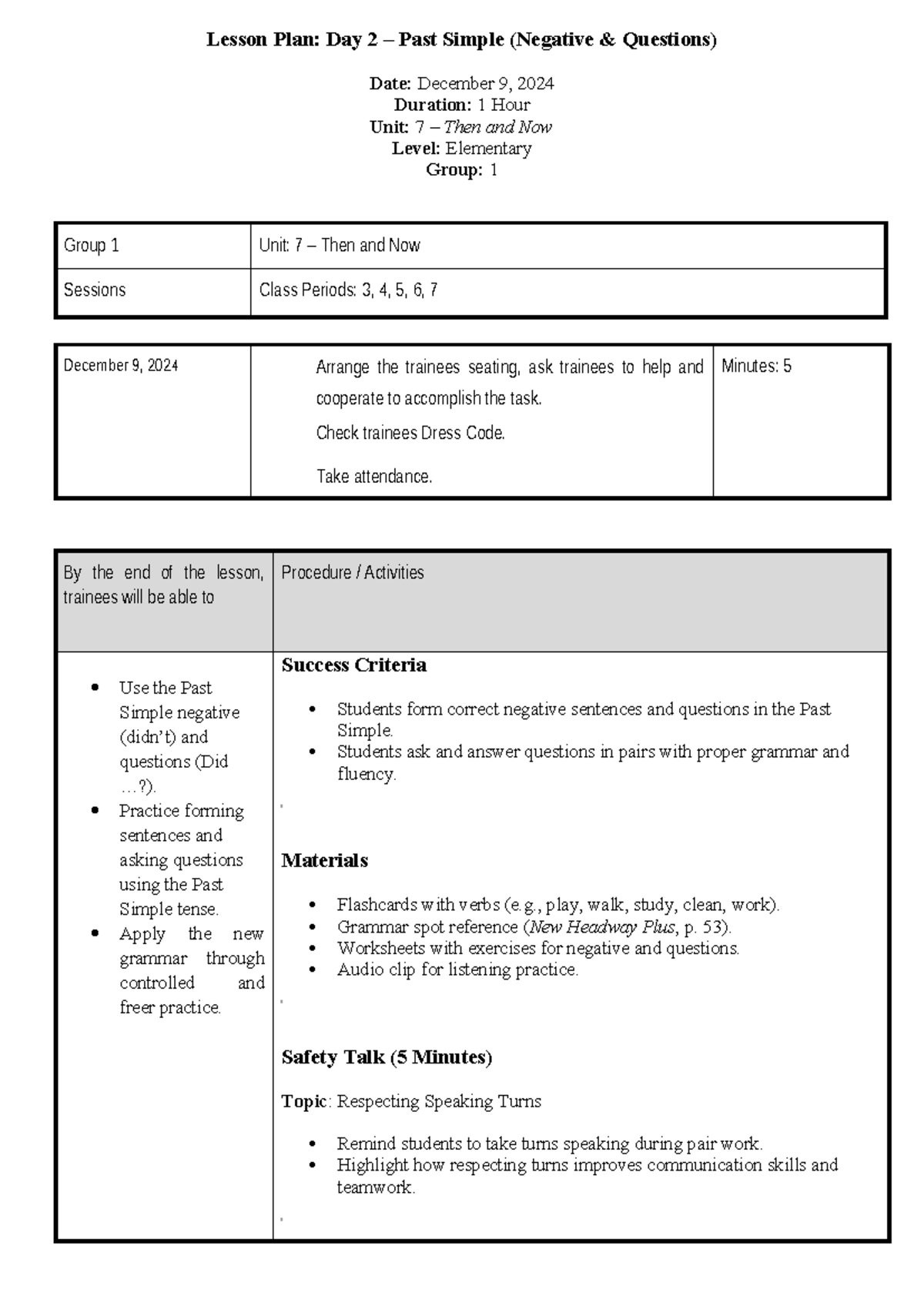 Lesson Plan Day 2: Past Simple (Negatives & Questions) for Elem ...