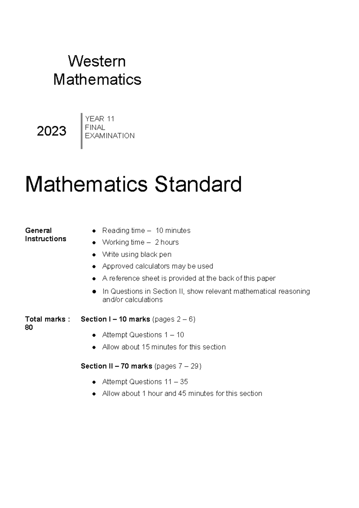 WME 2023 Year 11 Mathematics Standard Final Exam - Studocu