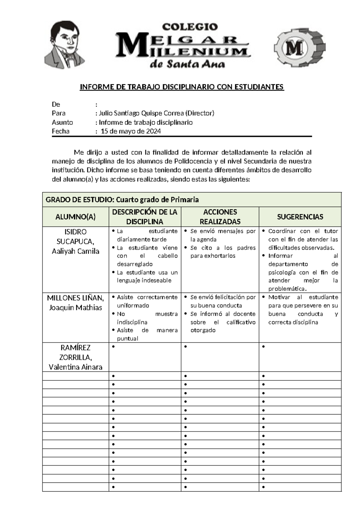 Informe Disciplinario - Auxiliar Secundaria (2024) - Studocu