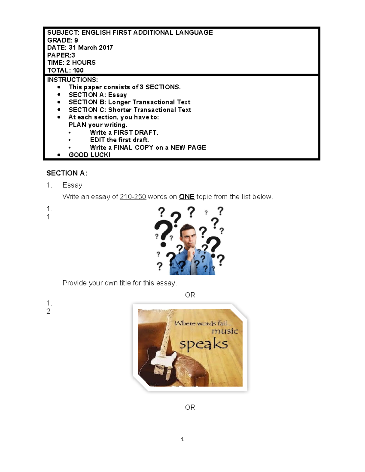 Eng FAL Grade 9 Paper 3 Exam Instructions and Topics - Studocu