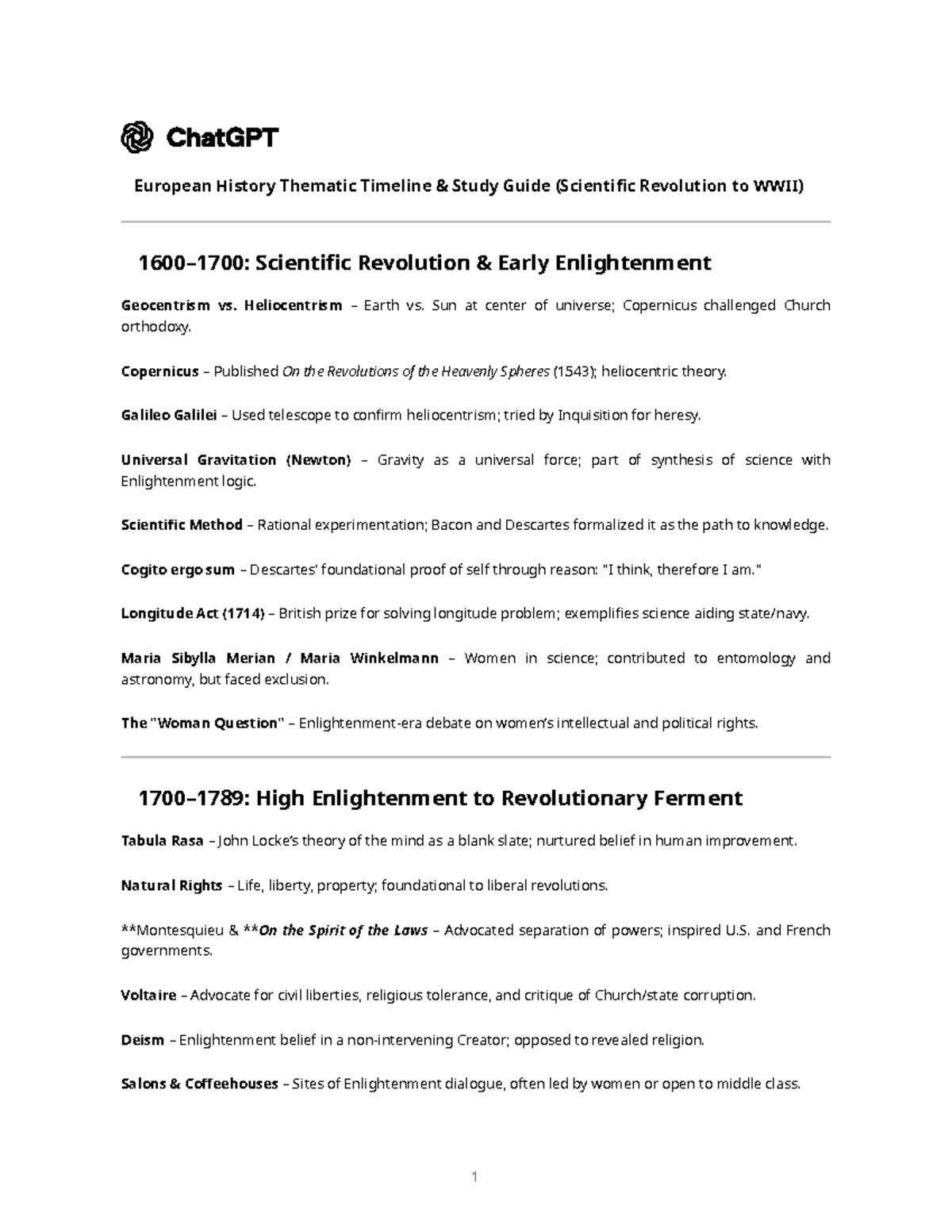 European History Thematic Timeline & Study Guide (1600-1945) - Studocu