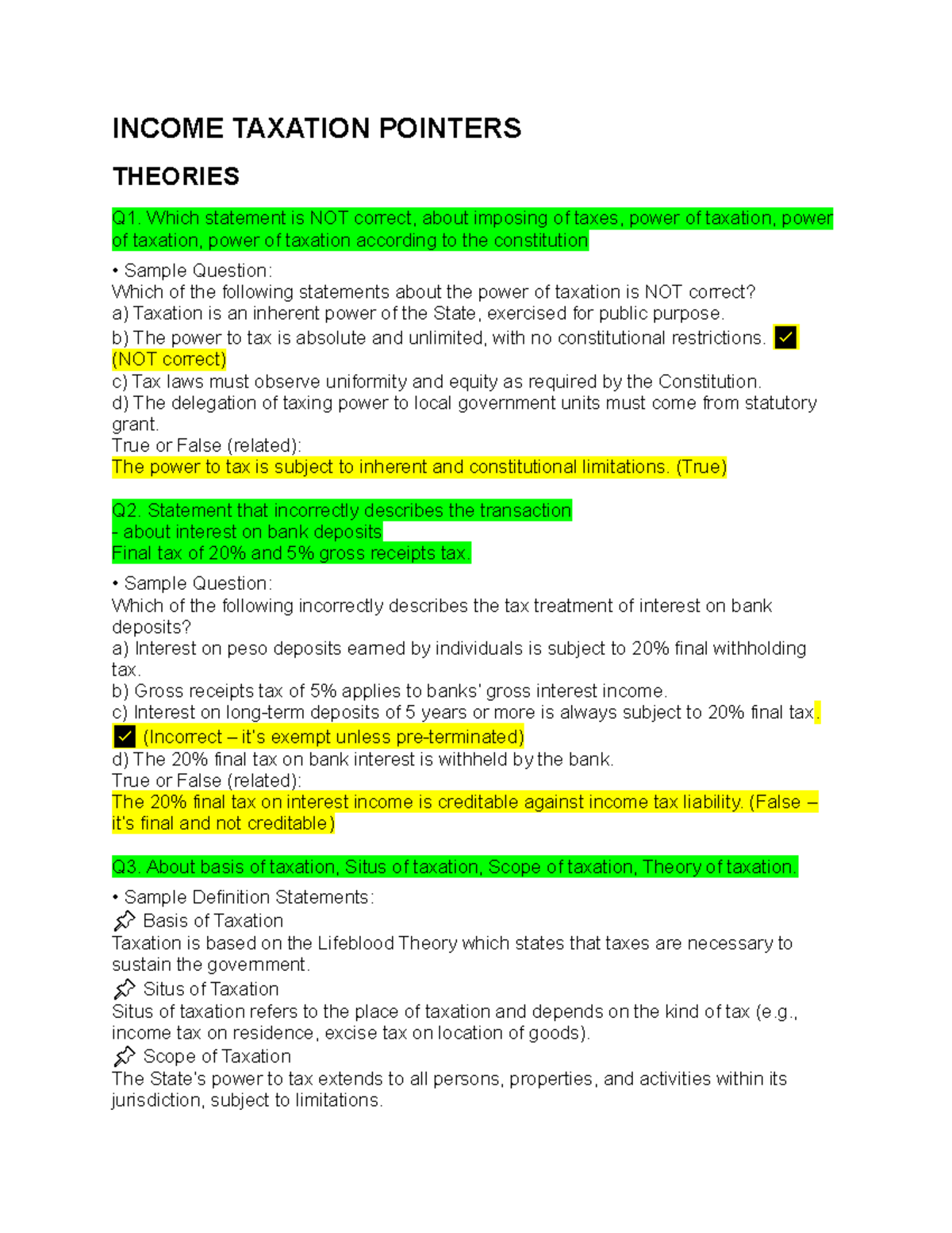 Income Taxation Comex Reviewer: Key Concepts and Sample Questions - Studocu