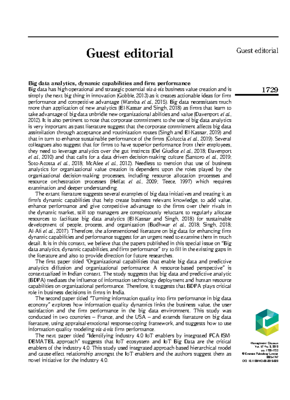 Guest Editorial: Big Data Analytics, Dynamic Capabilities & Firm ...