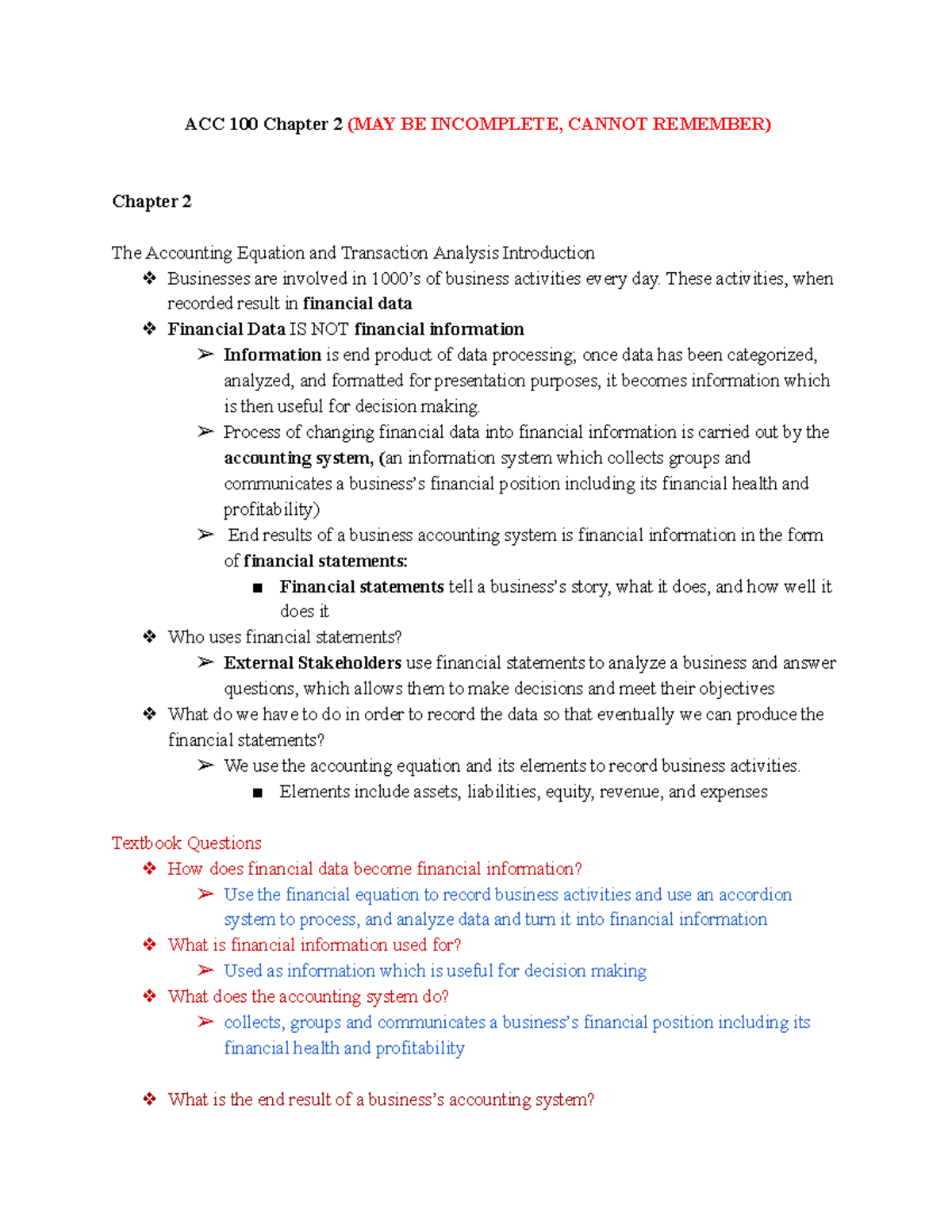 ACC 100 Chapter 2: The Accounting Equation & Transaction Analysis - Studocu