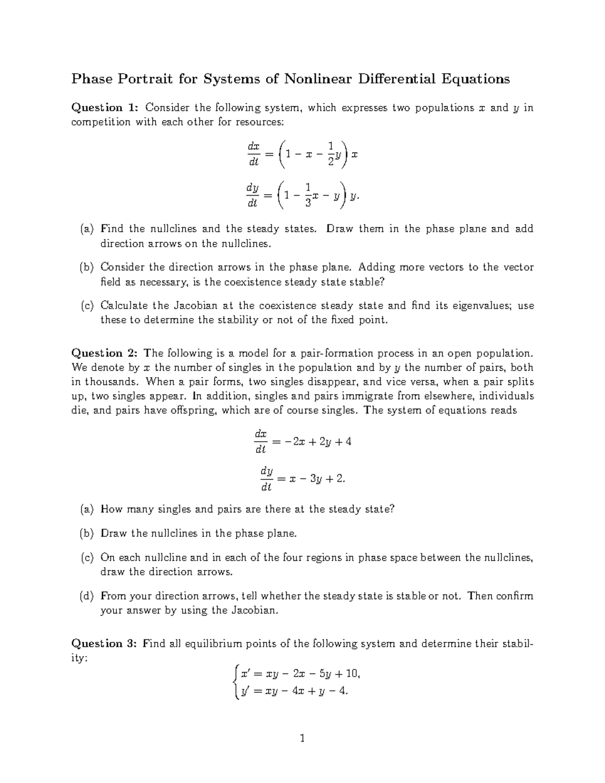 DGD11 Nonlinear Differential Equations Phase Portrait Questions - Studocu