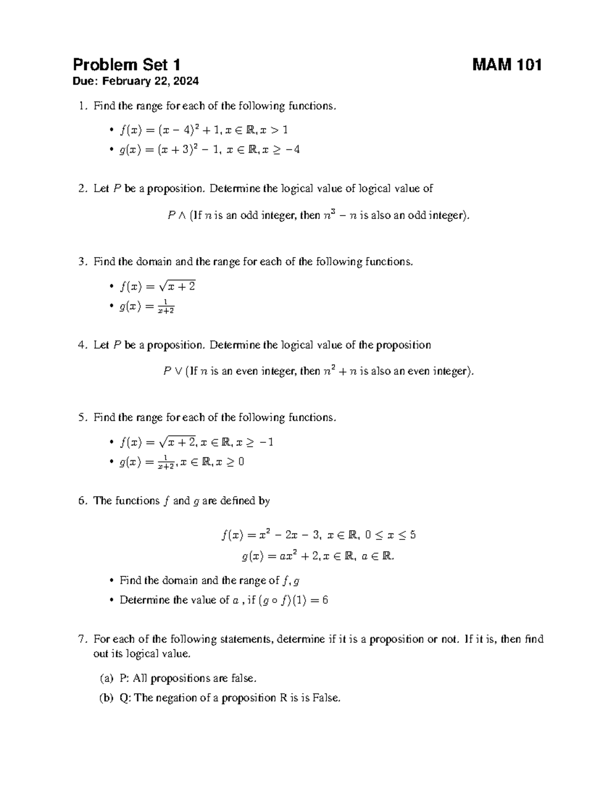 MAM101 Problem Set 1: Functions and Logic Exercises - Studocu