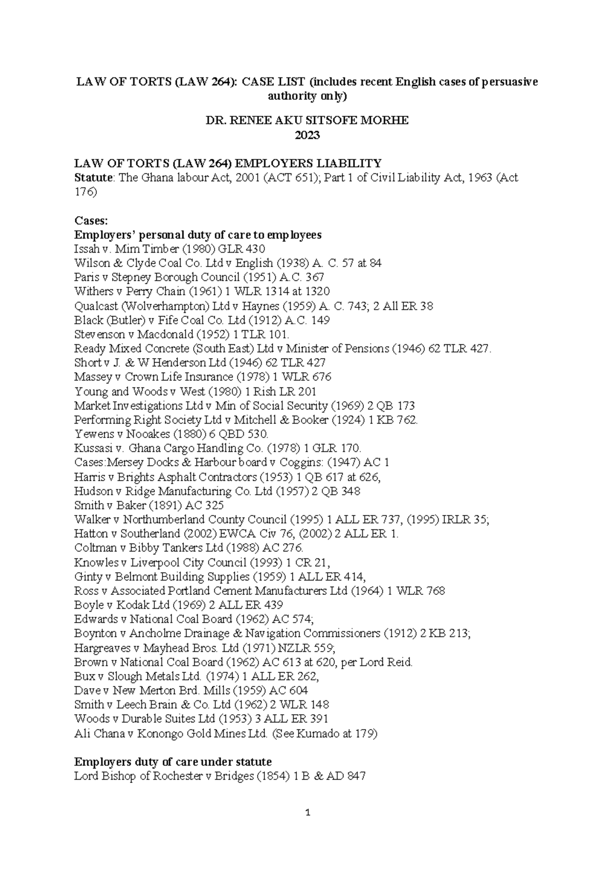 LAW OF TORTS (LAW 264): SECOND SEMESTER CASE LIST 2023 - Studocu