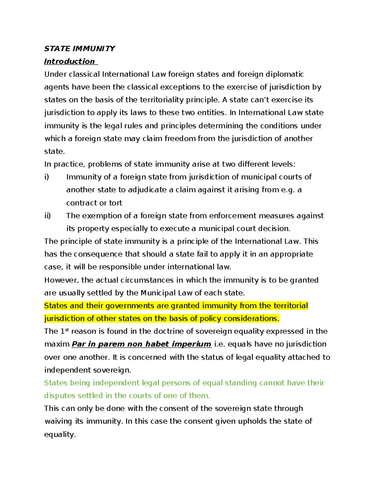 Public International Law: State Immunity and Act of State Doctrine ...