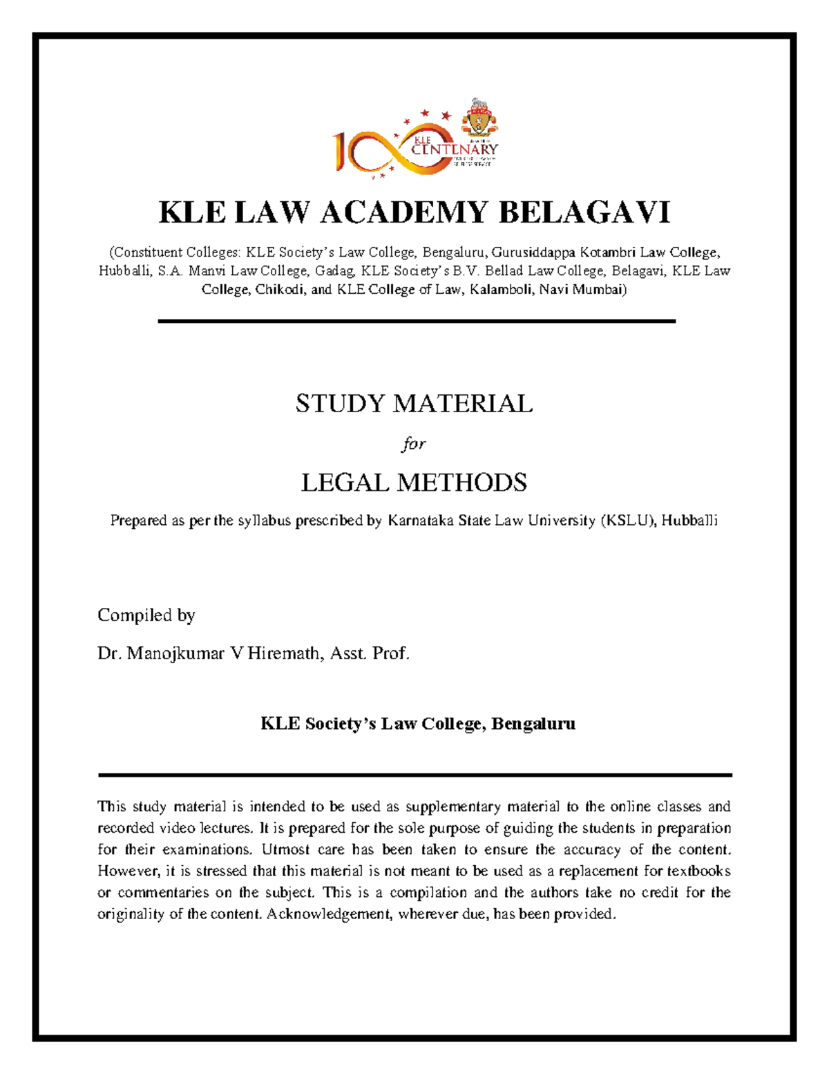 Legal Methods - Lecture notes 2 - KLE LAW ACADEMY BELAGAVI (Constituent ...