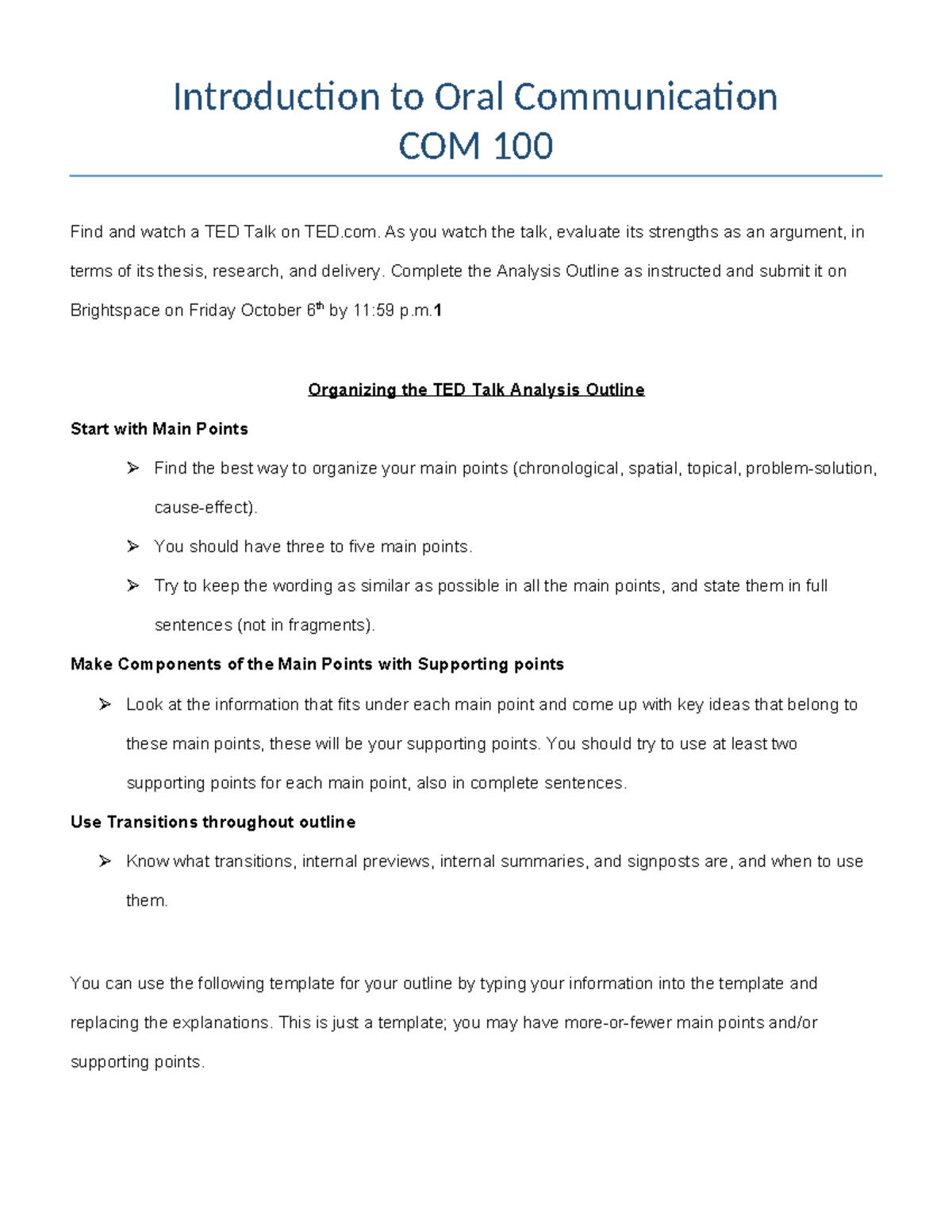TED Analysis Outline Template with directions - Introduction to Oral ...