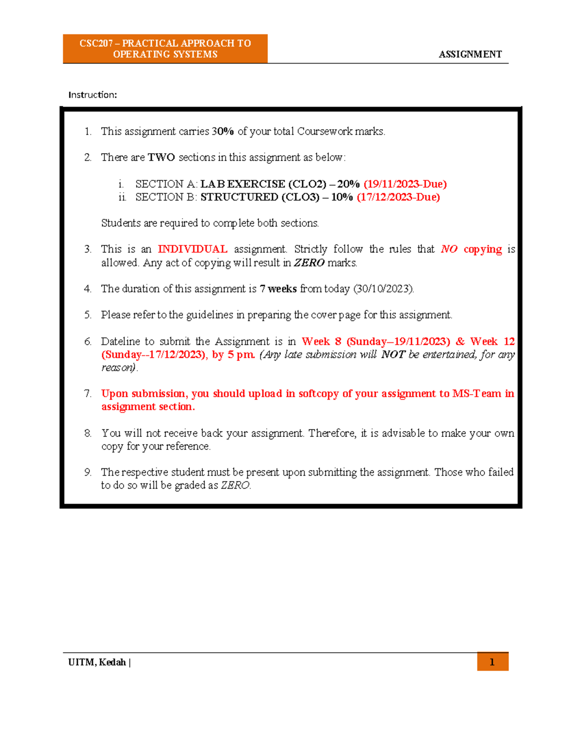 CSC207 Operating Systems Assignment: Lab Exercise & Structure Guide - Studocu