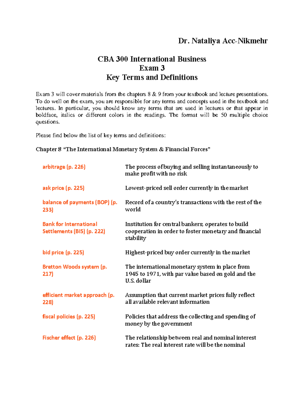 CBA 300 International Business Exam 3 Key Terms & Definitions - Studocu