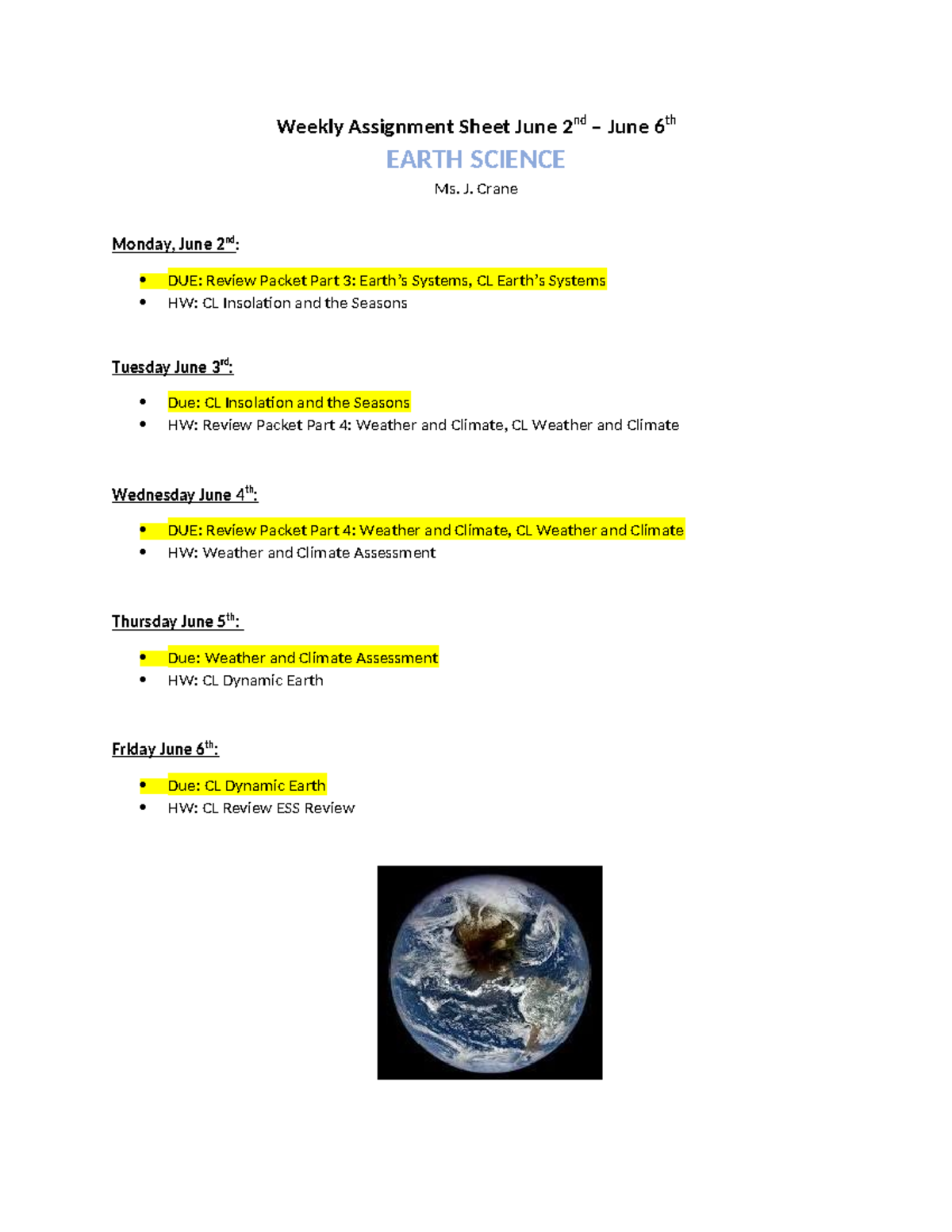 Earth Science WAS June 2nd - June 6th - Weekly Assignment Sheet June 2 ...
