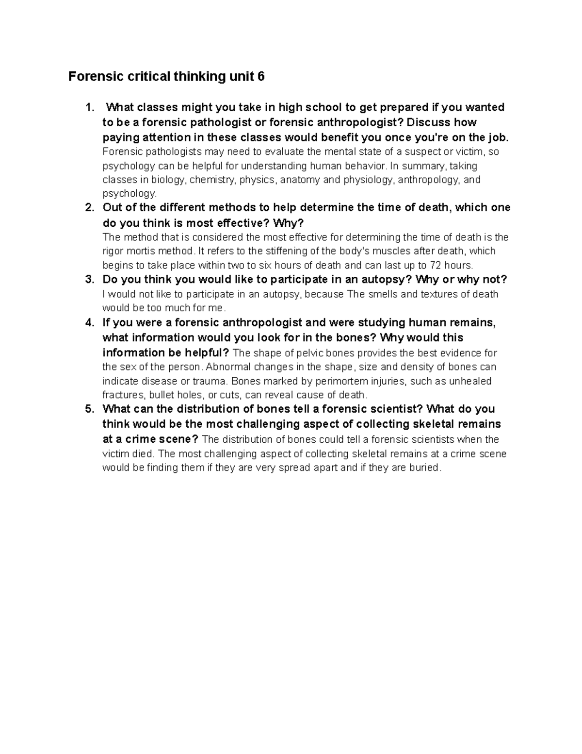 Forensics Critical Thinking: Unit 6 Overview and Key Insights - Studocu