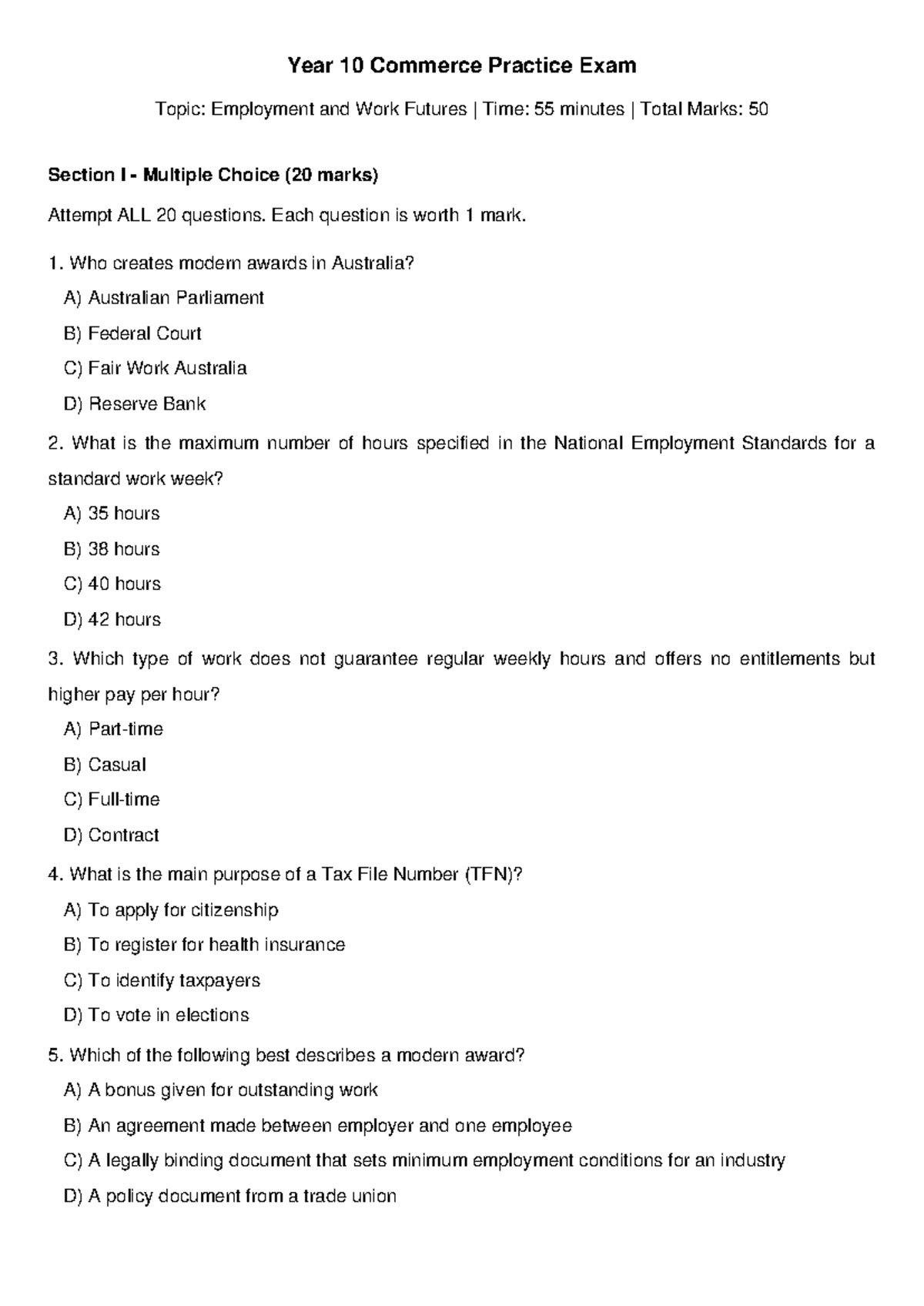 Year 10 Commerce Practice Exam: Employment & Work Futures - Studocu