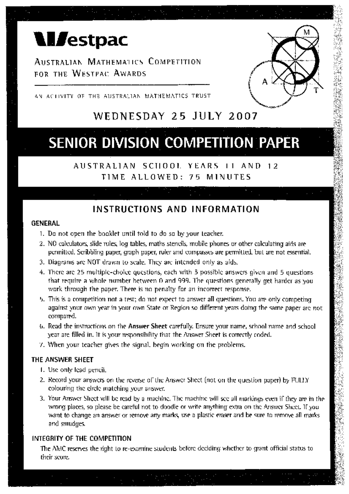 AMC Senior Division Mathematics Competition Paper 2007 - Studocu