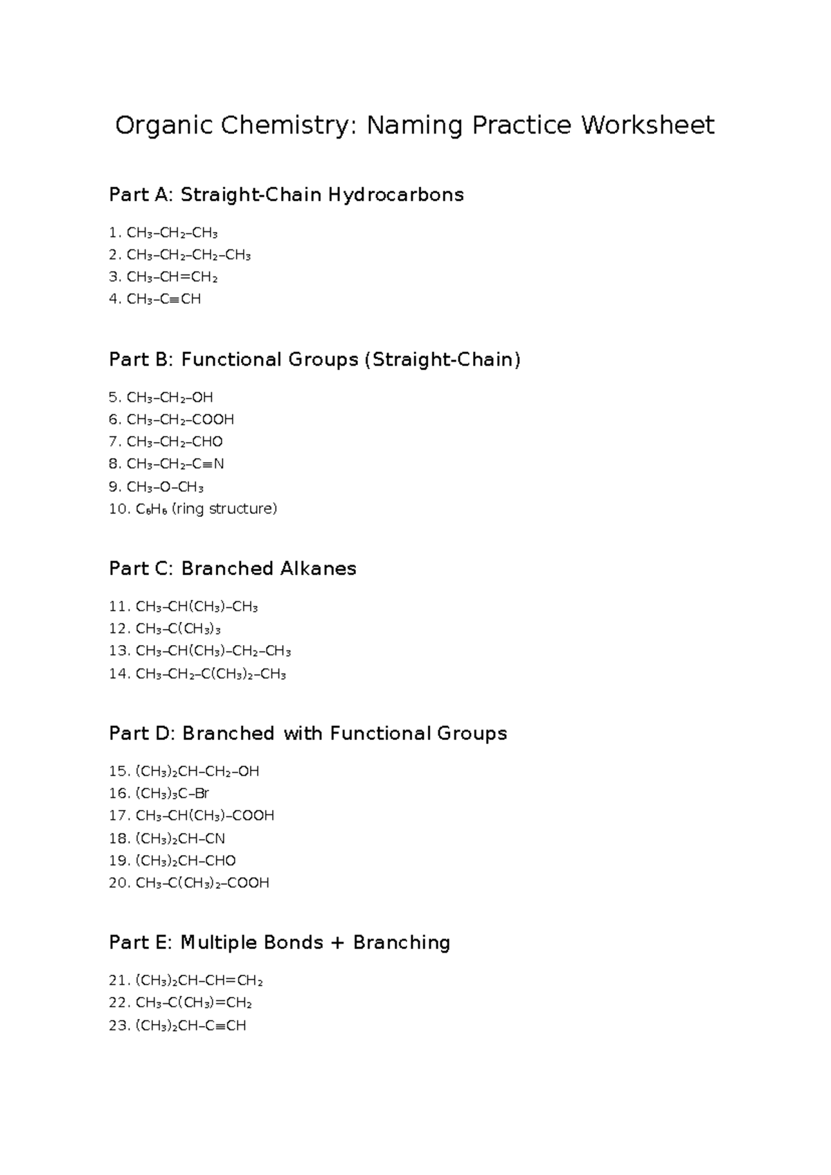 Organic naming worksheet unicode - Organic Chemistry: Naming Practice ...