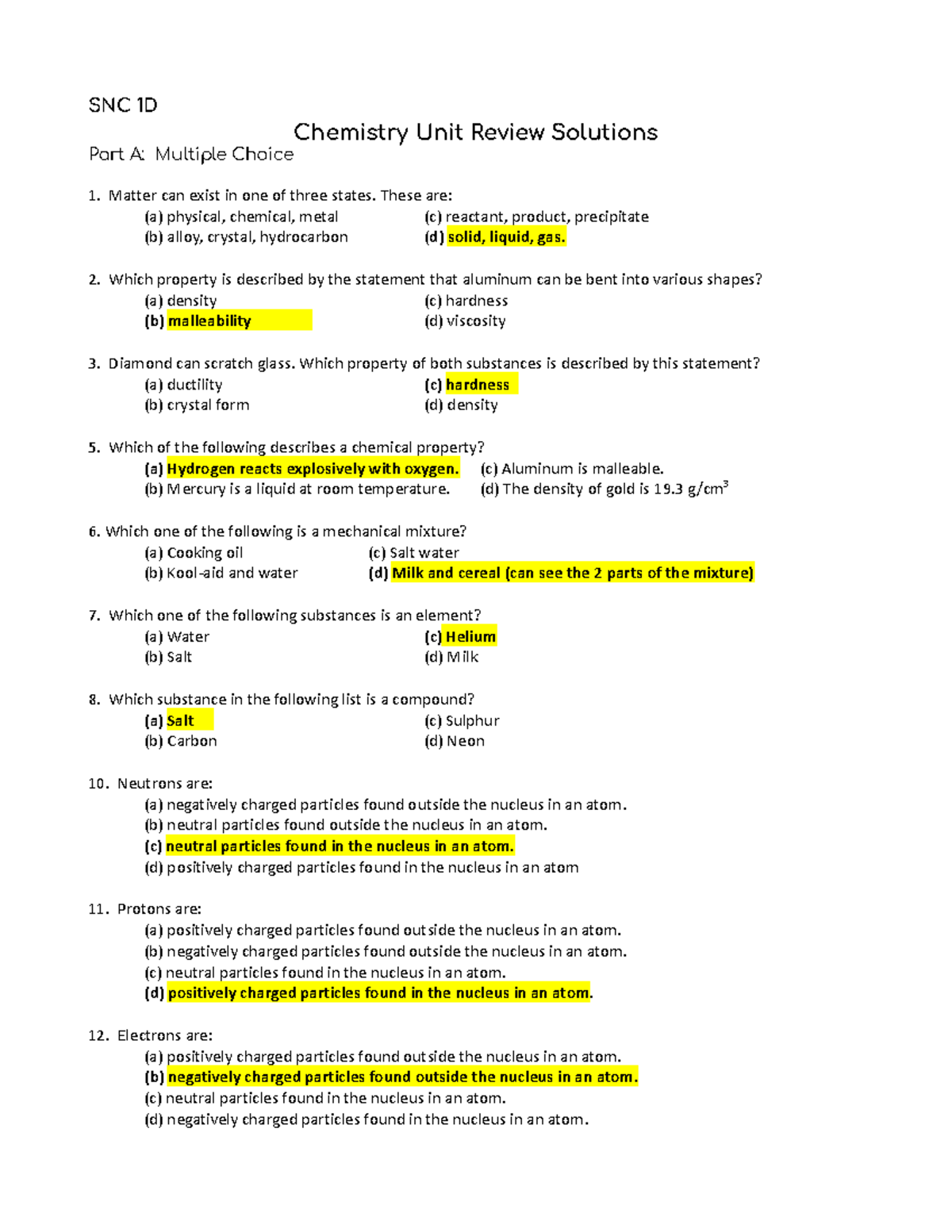 Chemistry SNC 1D Unit Review #1 Solutions and Answers - Studocu