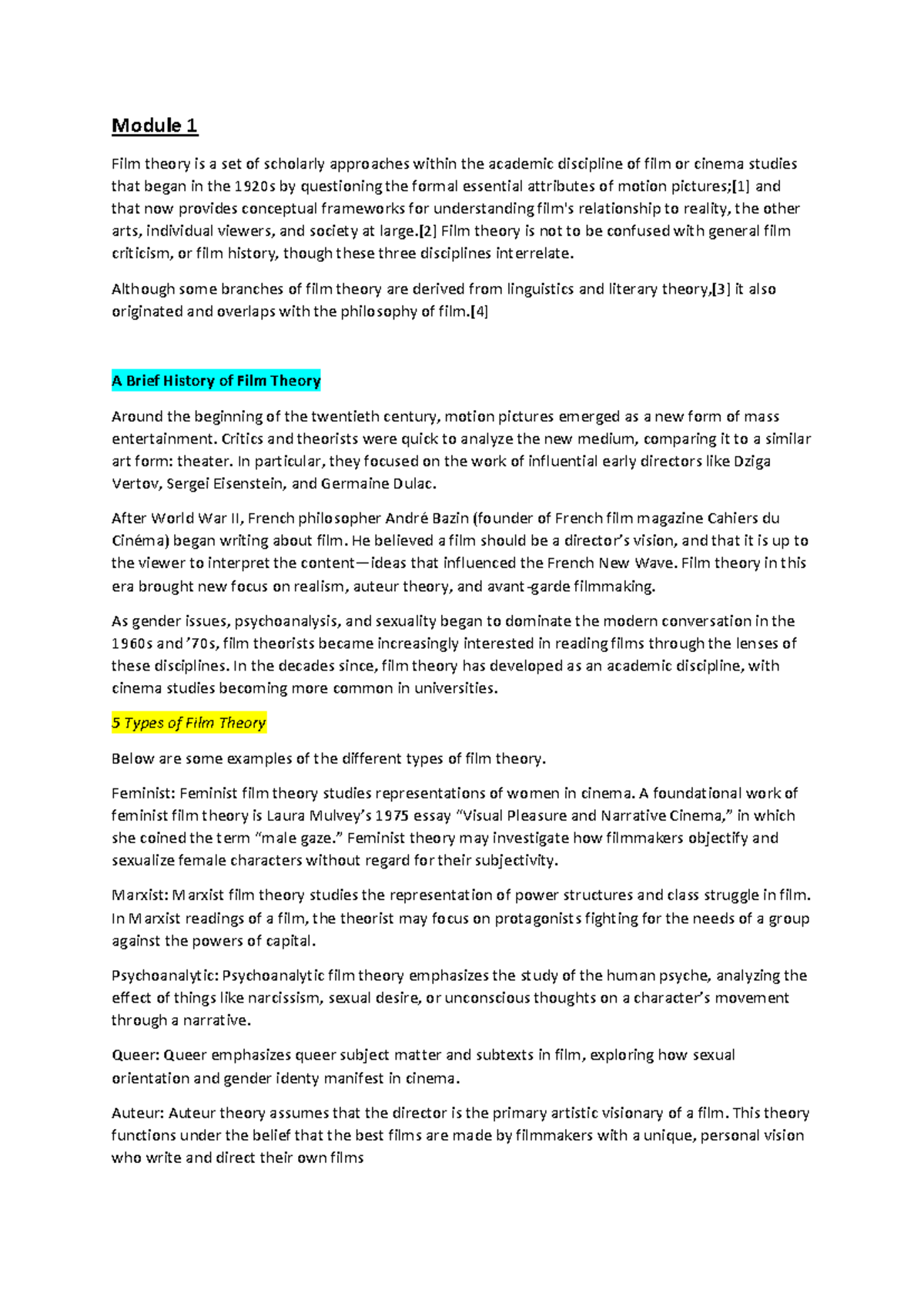 Module 1 Film Studies: Lecture Notes on Film Theory and Analysis - Studocu