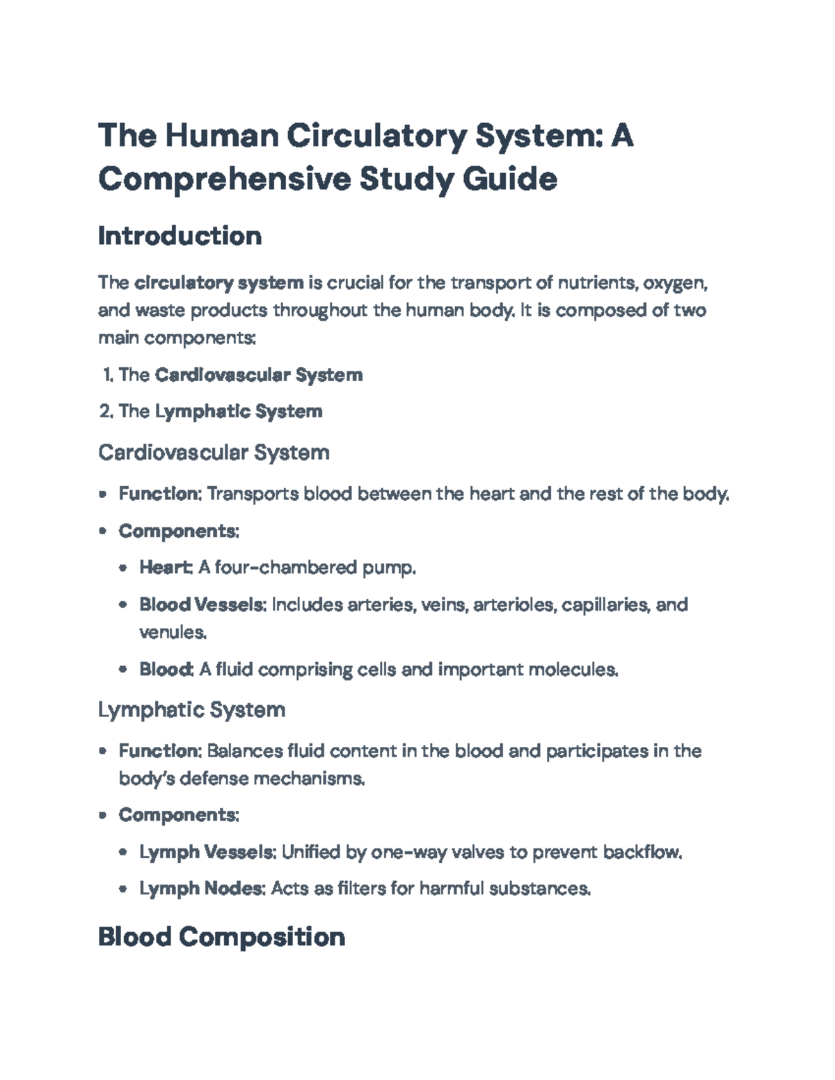 Comprehensive Study Guide: Human Circulatory System Overview - Studocu