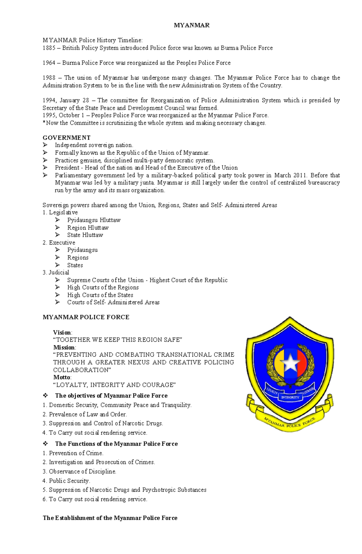 Myanmar - The Myanmar Police Force has to change the Administration ...