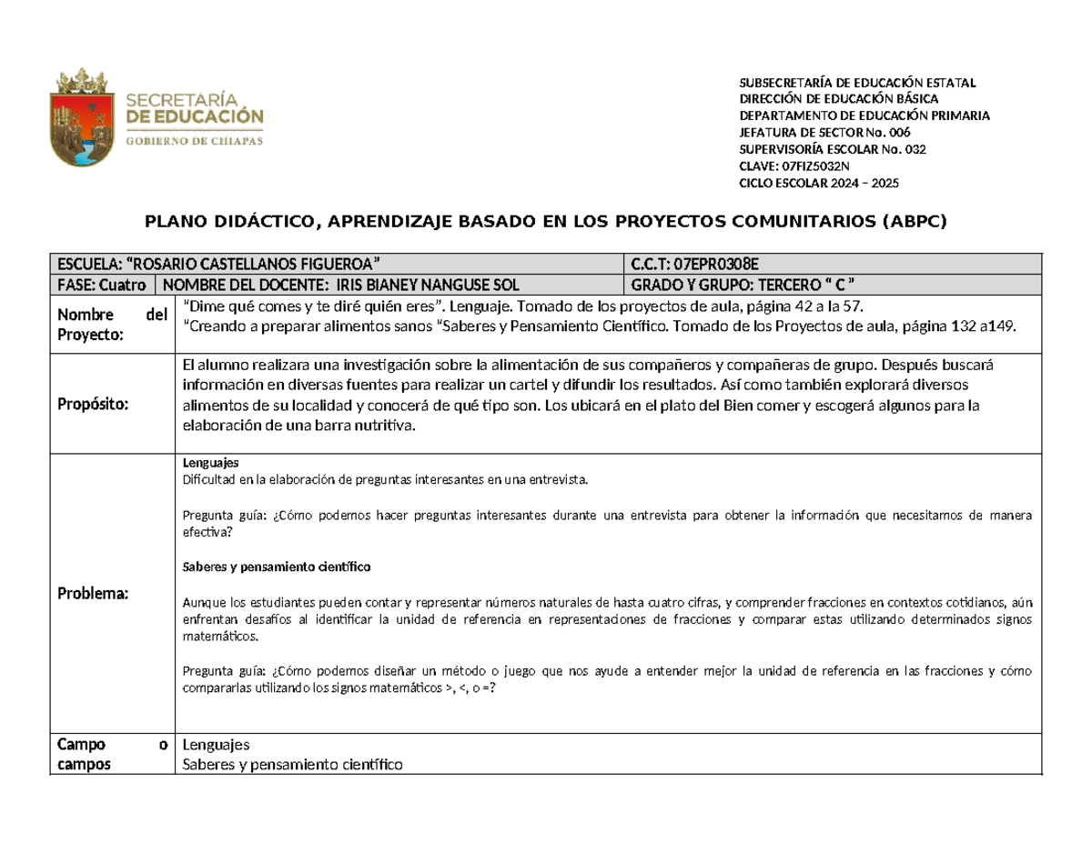 Planeación de Proyecto ABPC para Tercero de Primaria - C 2024-2025 - Studocu