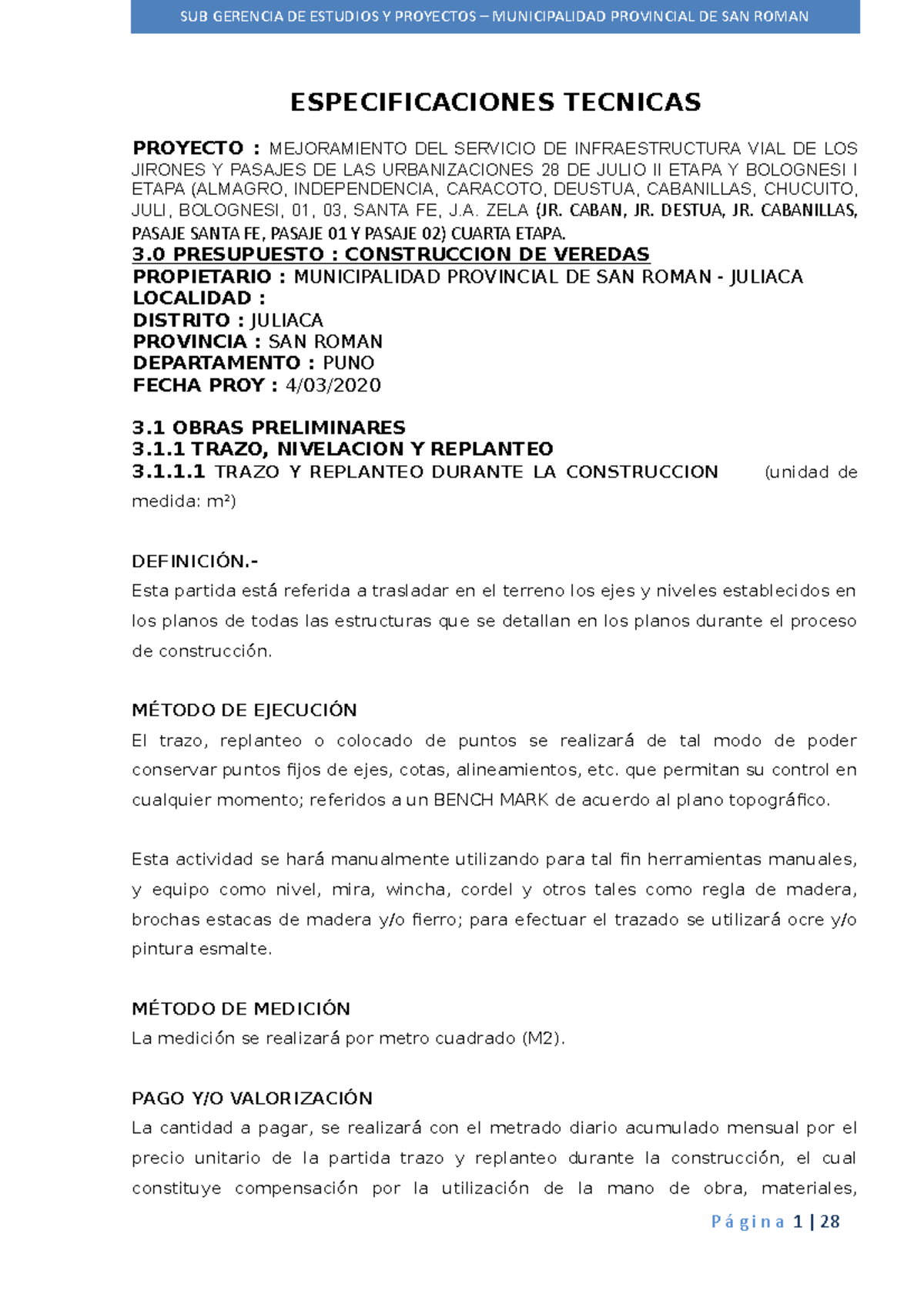 03 Veredas - especificaciones tecnicas de partidas - ESPECIFICACIONES TECNICAS PROYECTO : - Studocu