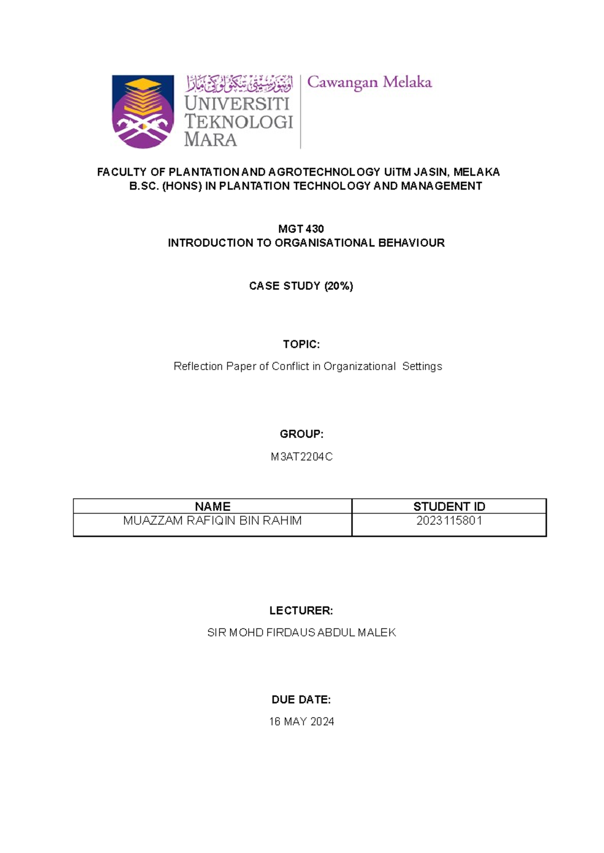 MGT430 Reflection Paper: Transforming Conflict in Organizations - Studocu