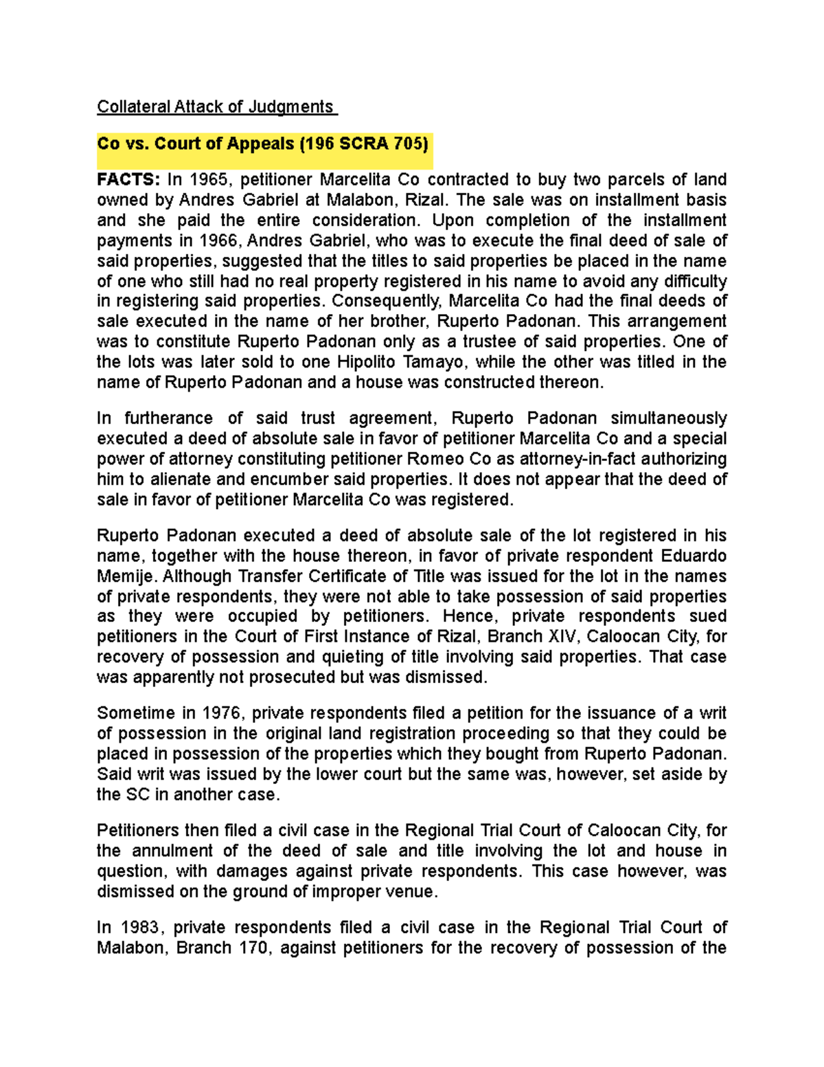 Collateral Attack of Judgments: Co vs. Court of Appeals (196 SCRA 705 ...