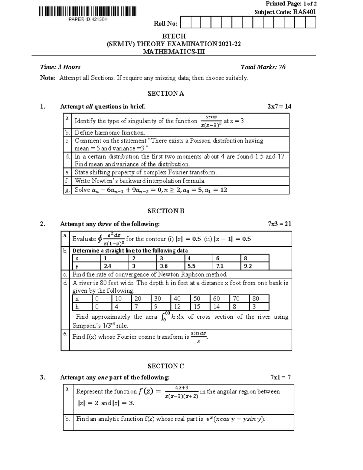 RAS401 BTECH SEM IV Theory Exam - Math 2022 Question Paper - Studocu
