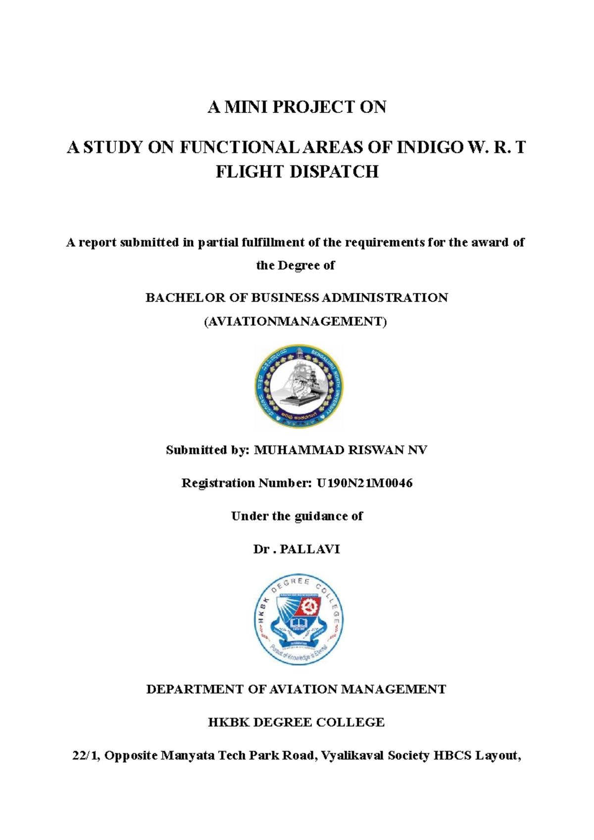 Mini Project BBA(Aviation Mgt): Study on Indigo's Flight Dispatch - Studocu