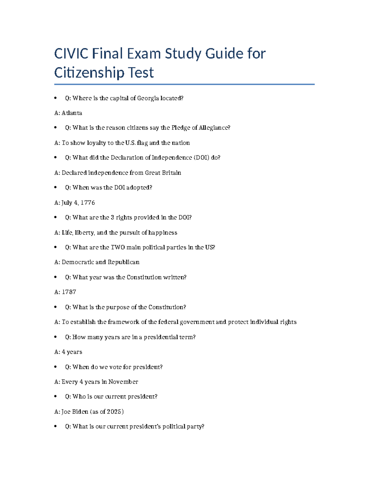 CIVIC Final Exam Study Guide: Key Concepts for Citizenship Test - Studocu