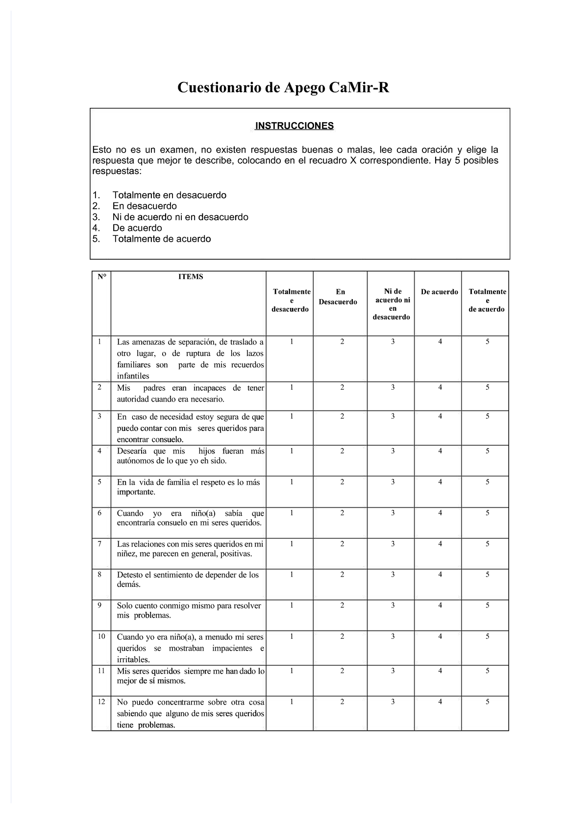 Cuestionario de Apego CaMir-R para Evaluación Psicológica - Studocu
