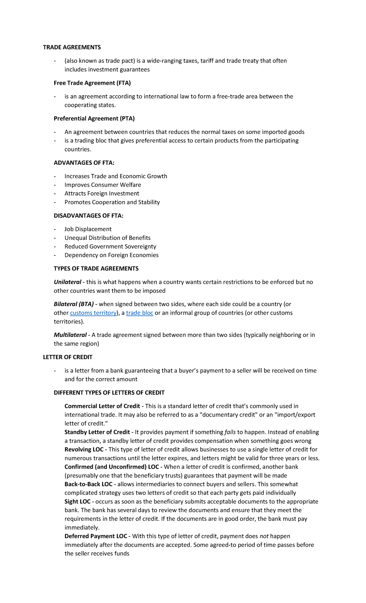 Trade Agreements Overview and Types - Key Concepts in Trade Law - Studocu