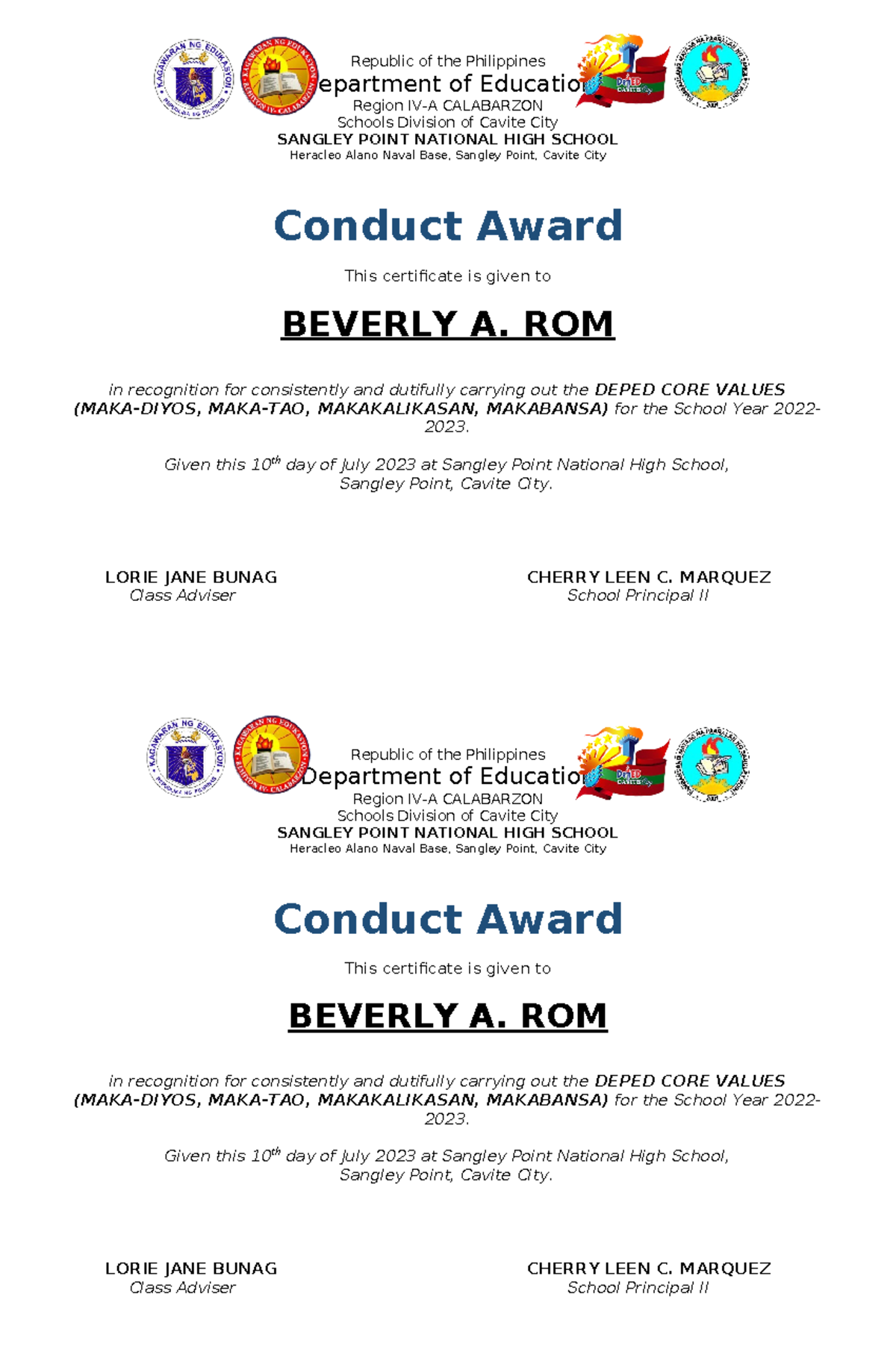 Conduct Award Certificate for Beverly A. Rom - SY 2022-2023 - Studocu